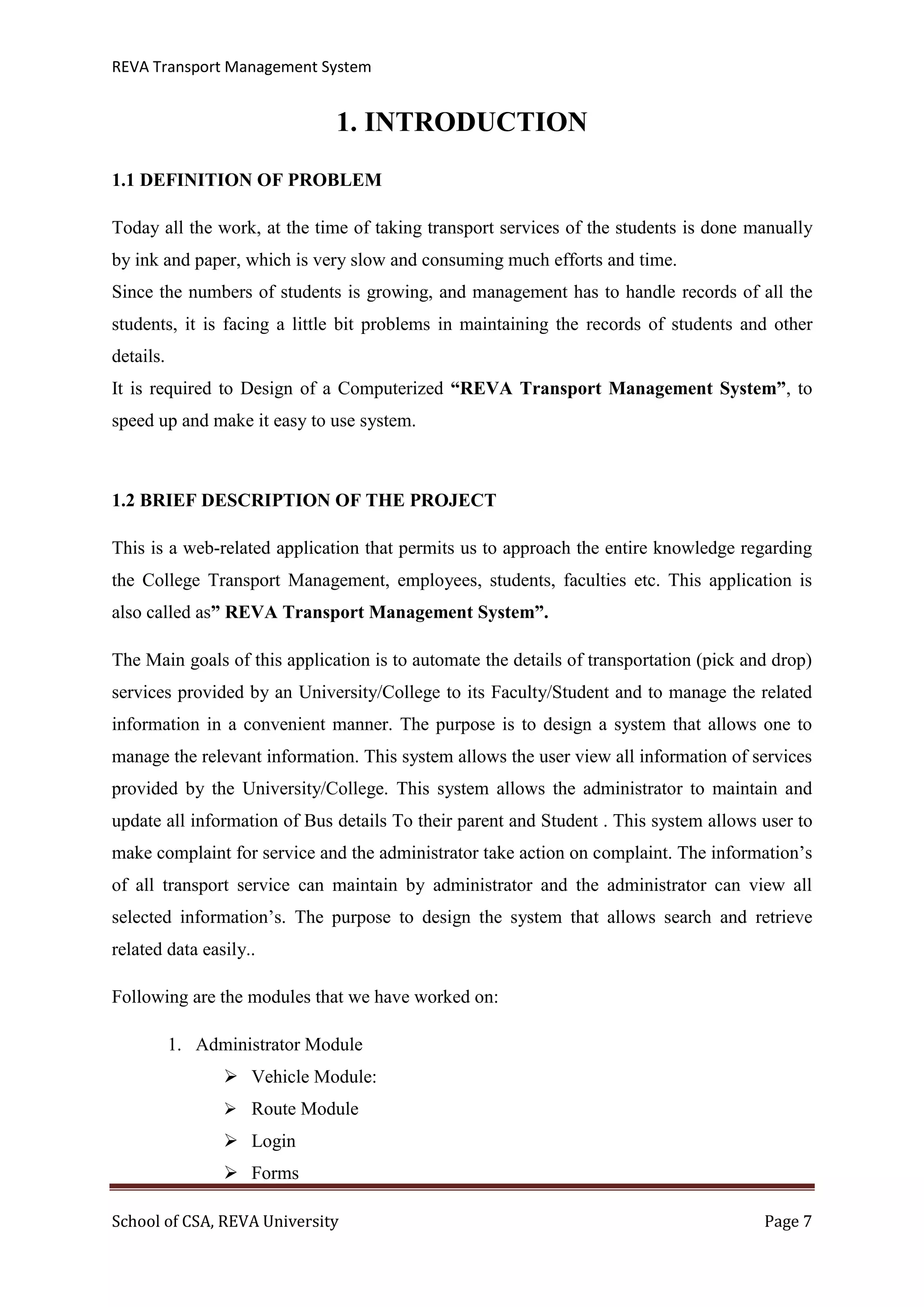 University/College Transport management system Documentation | PDF