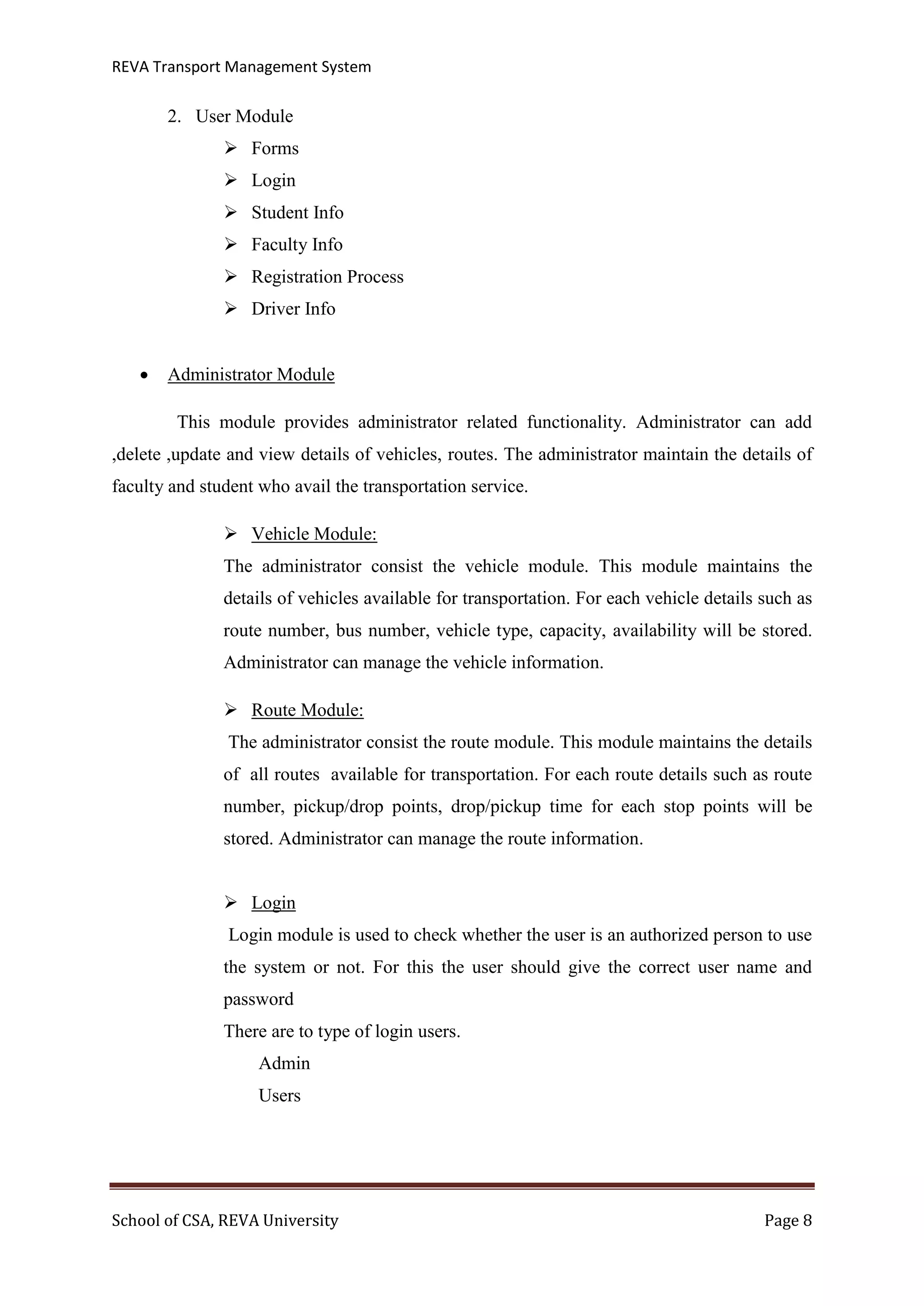 University/College Transport management system Documentation | PDF