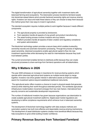 Revenue-Sharing Models in Tokenized Farming Land Ecosystems | PDF