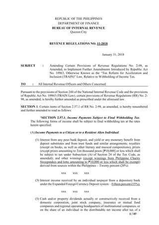 Revenue regulations no. 11 2018,(train law) relative to withholding of ...