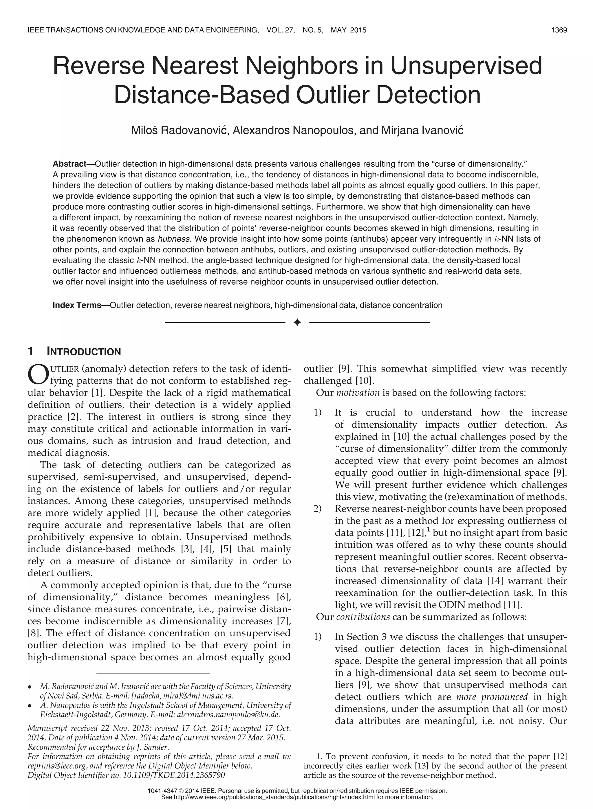 Reverse Nearest Neighbors in Unsupervised Distance-Based Outlier Detection | PDF