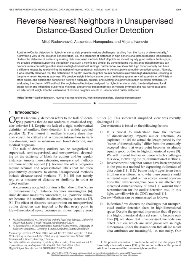 Reverse Nearest Neighbors In Unsupervised Distance Based Outlier