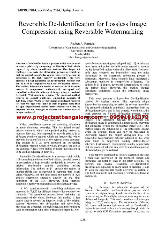 Reversible De-Identification for Lossless Image Compression using Reversible Watermarking | PDF ...