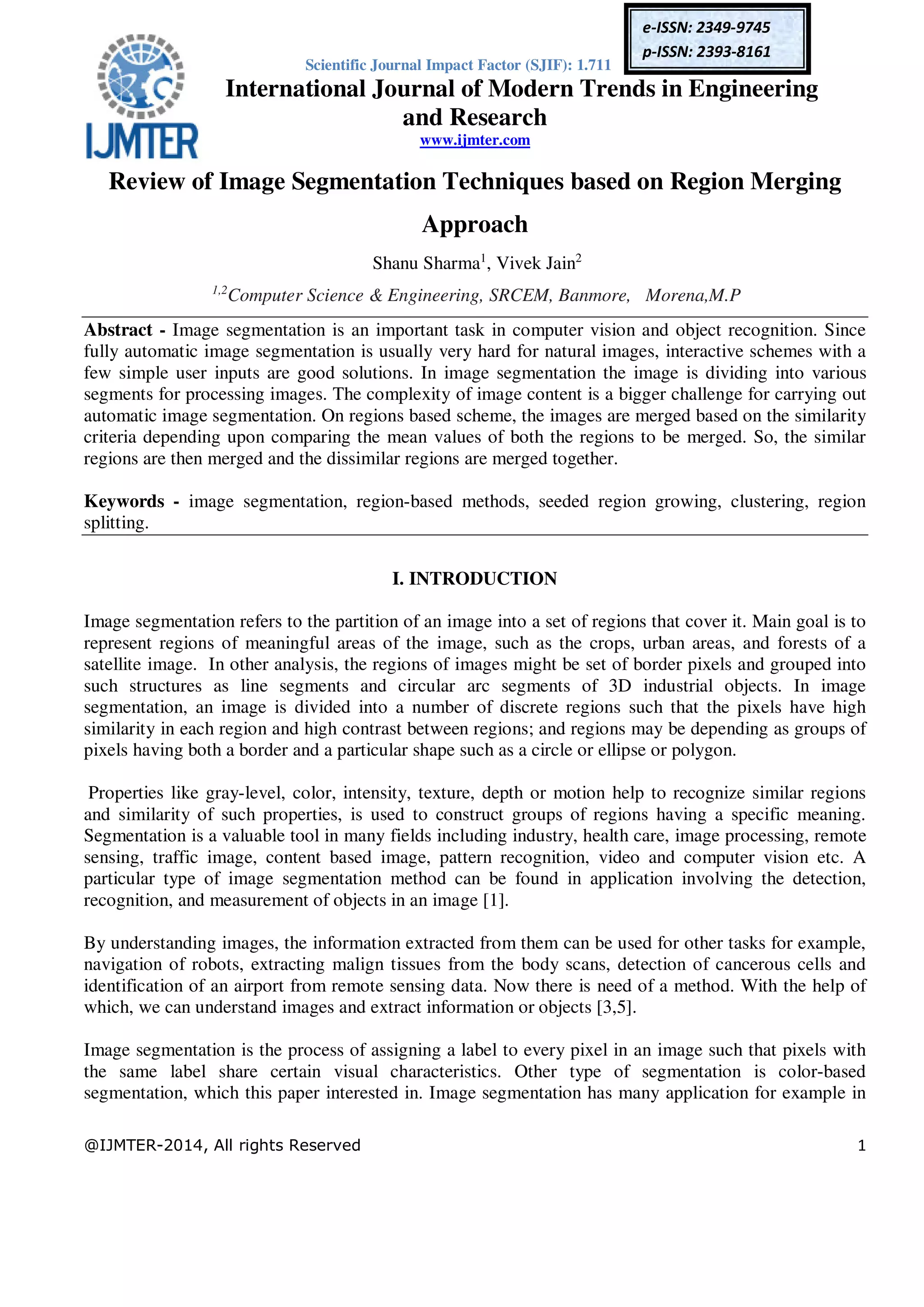 Review of Image Segmentation Techniques based on Region Merging Approach | PDF