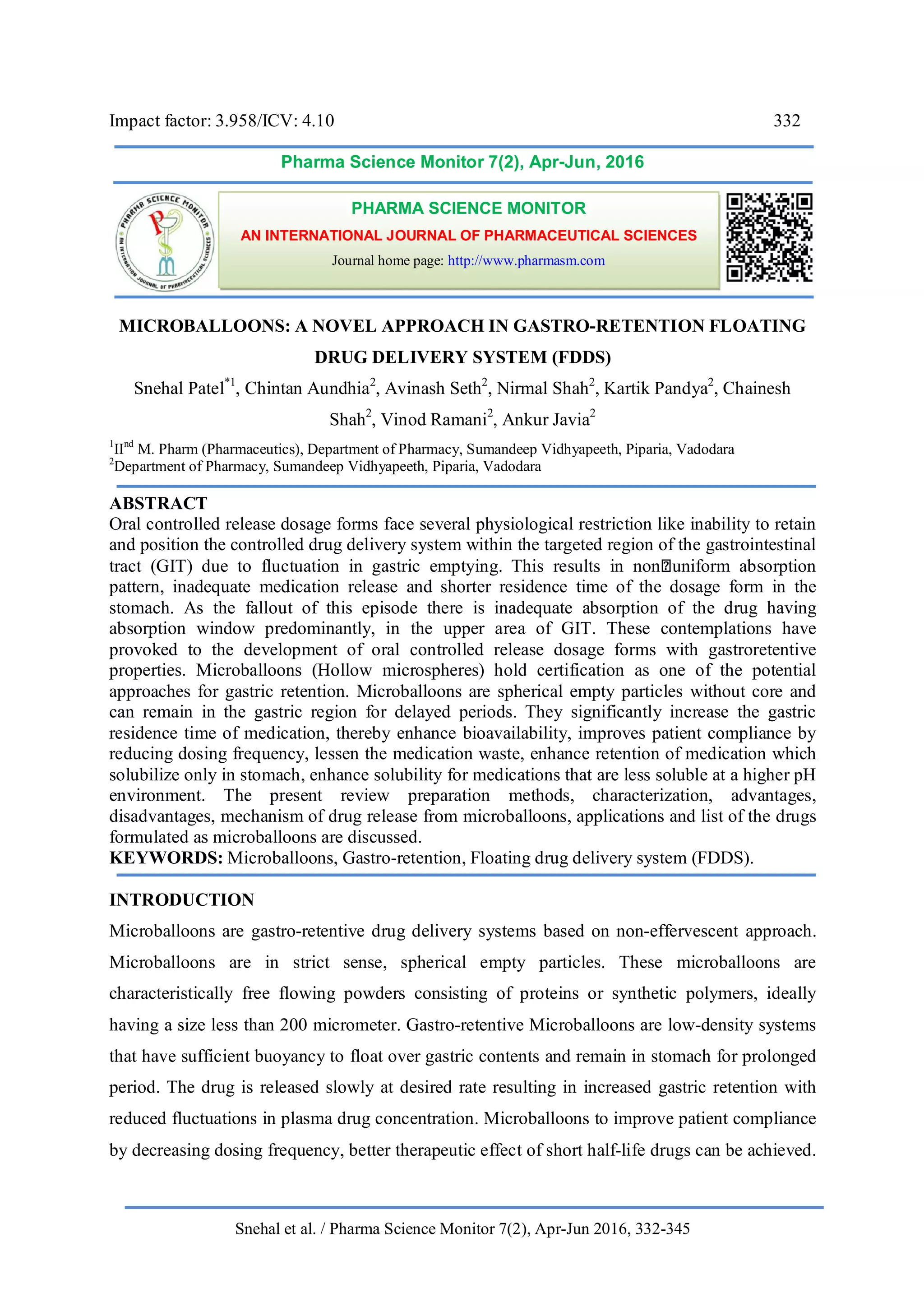MICROBALLOONS: A NOVEL APPROACH IN GASTRO-RETENTION FLOATING DRUG ...