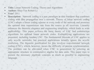 A NETWORK CODING AND DES BASED DYNAMIC ENCRYPTION SCHEME FOR MOVING TARGET DEFENSE | PPT