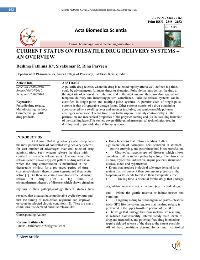 CURRENT STATUS ON PULSATILE DRUG DELIVERY SYSTEMS- AN OVERVIEW | PDF