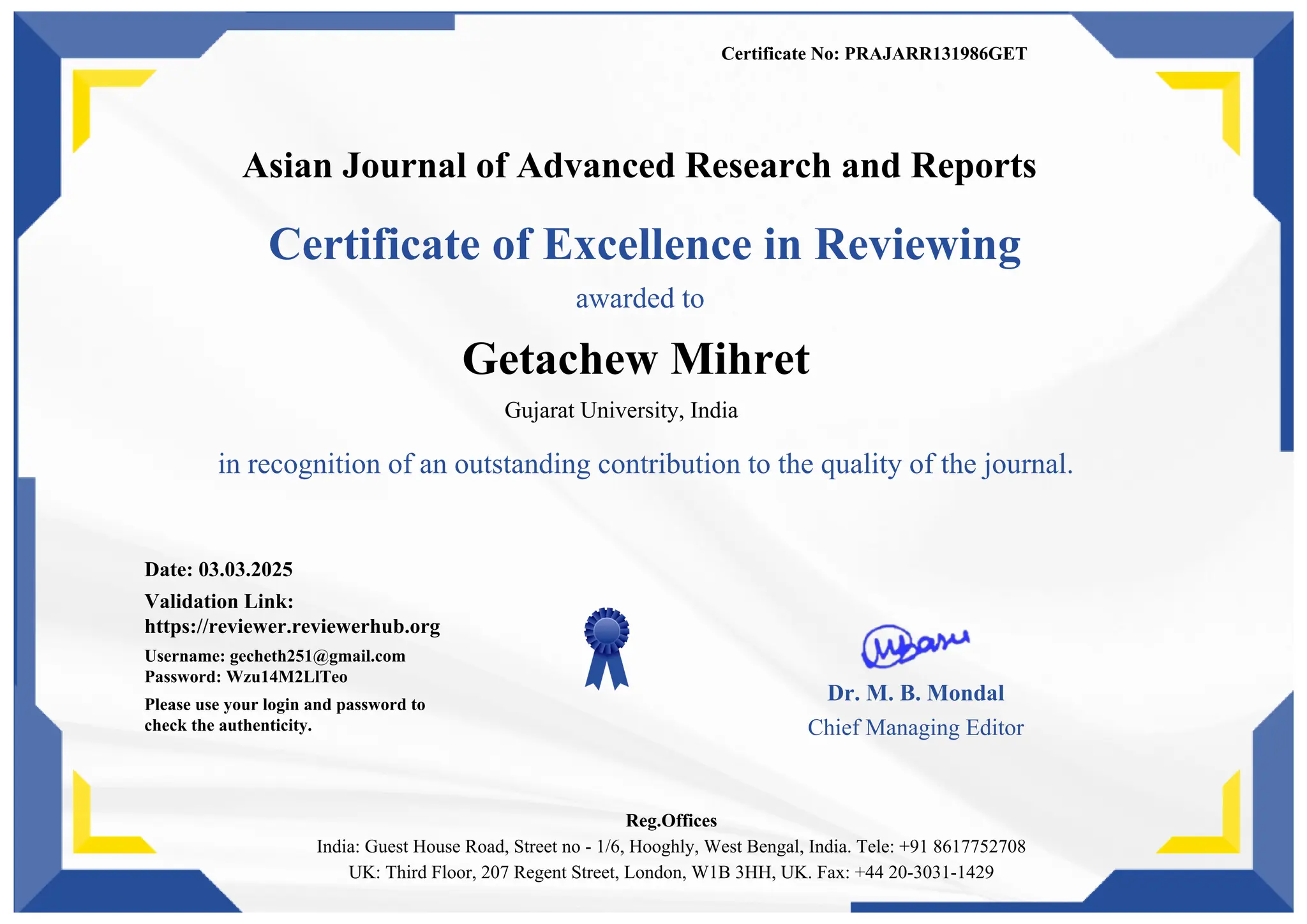 Certificate for reviewing the manuscript: Ms/AJARR/131986(Review Certificate.pdf) | PDF