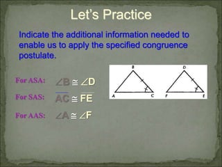 TRIANGLE CONGRUENCE, SSS, ASA, SAS and AAS | PPT