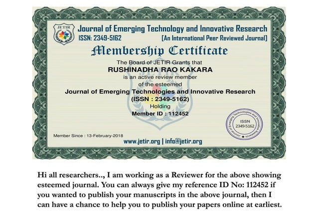 Reviewer jetir certificate for researchers | PDF