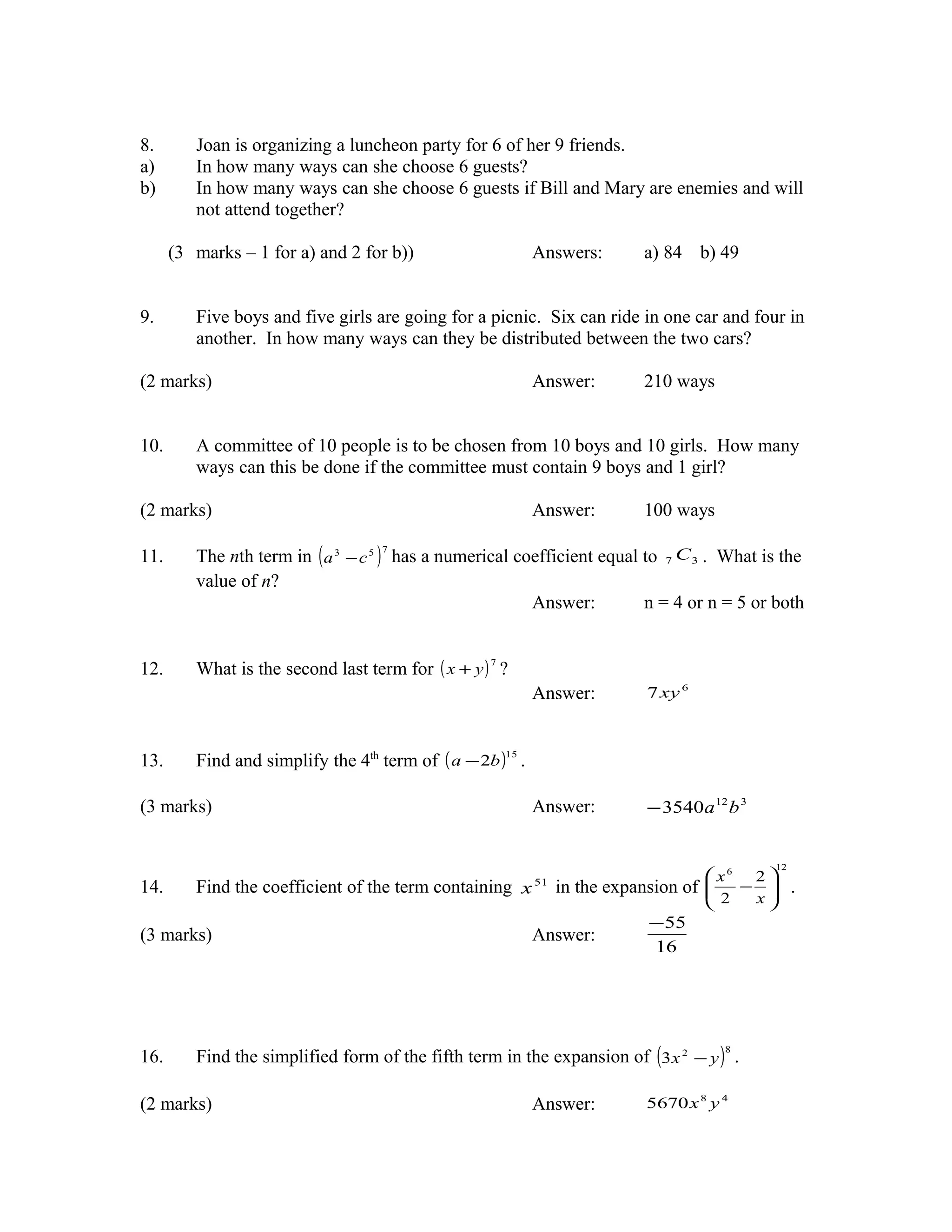Review exam questions extra practice perms and combs | DOC