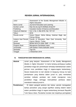 REVIEW JURNAL INTERNASIONAL MONA NOVITA "ASSESSMENT OF THE QUALITY MANAGEMENT MODELS IN HIGHER ...