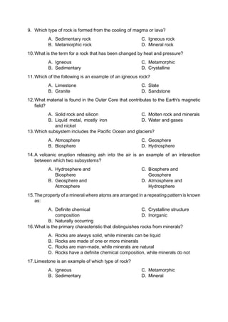 EARTH AND LIFE SCIENCE REVIEW MULTIPLE CHOICE QUESTIONS | PDF