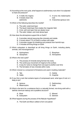 EARTH AND LIFE SCIENCE REVIEW MULTIPLE CHOICE QUESTIONS | PDF