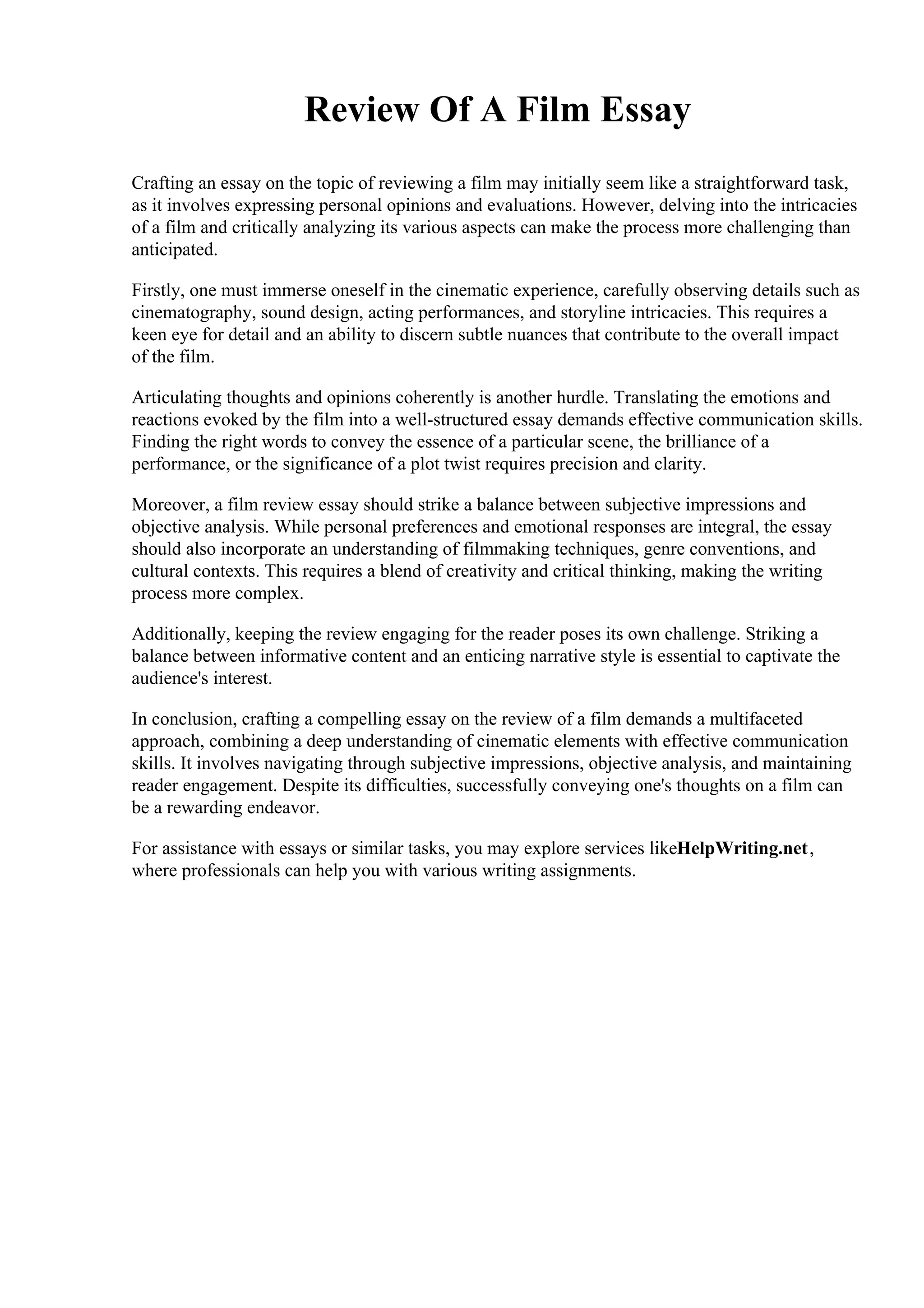 Review Of A Film Essay. The College of Idaho | PDF