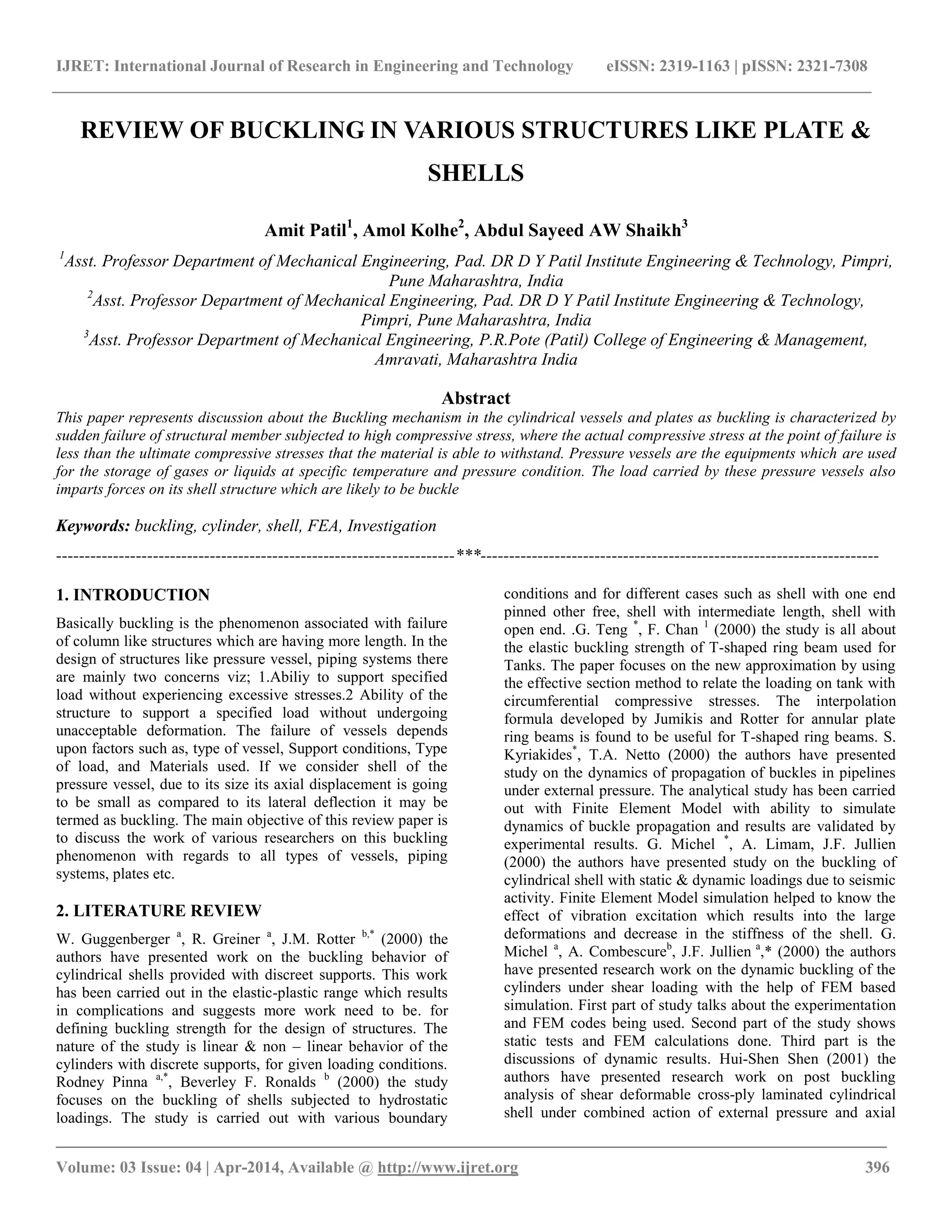 Review of buckling in various structures like plate & shells | PDF | Physics | Science