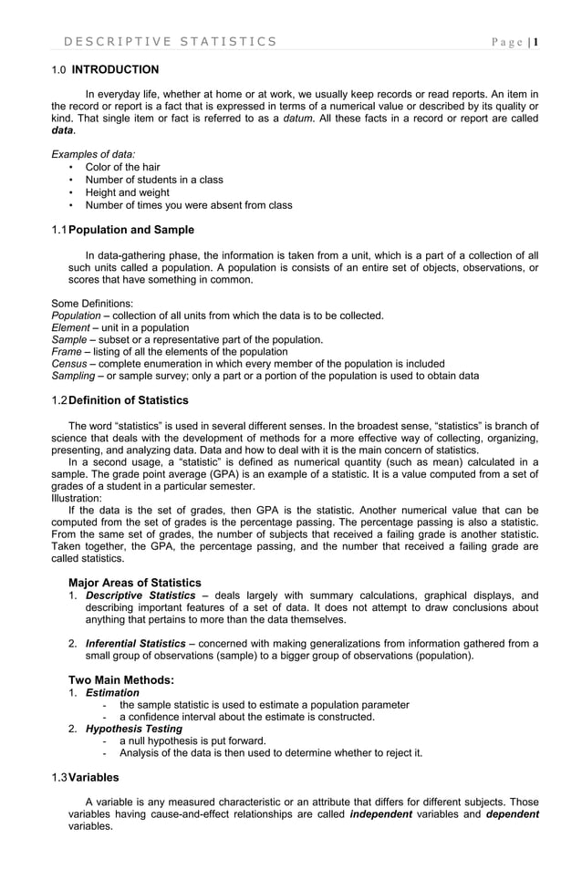 Review of descriptive statistics | PDF