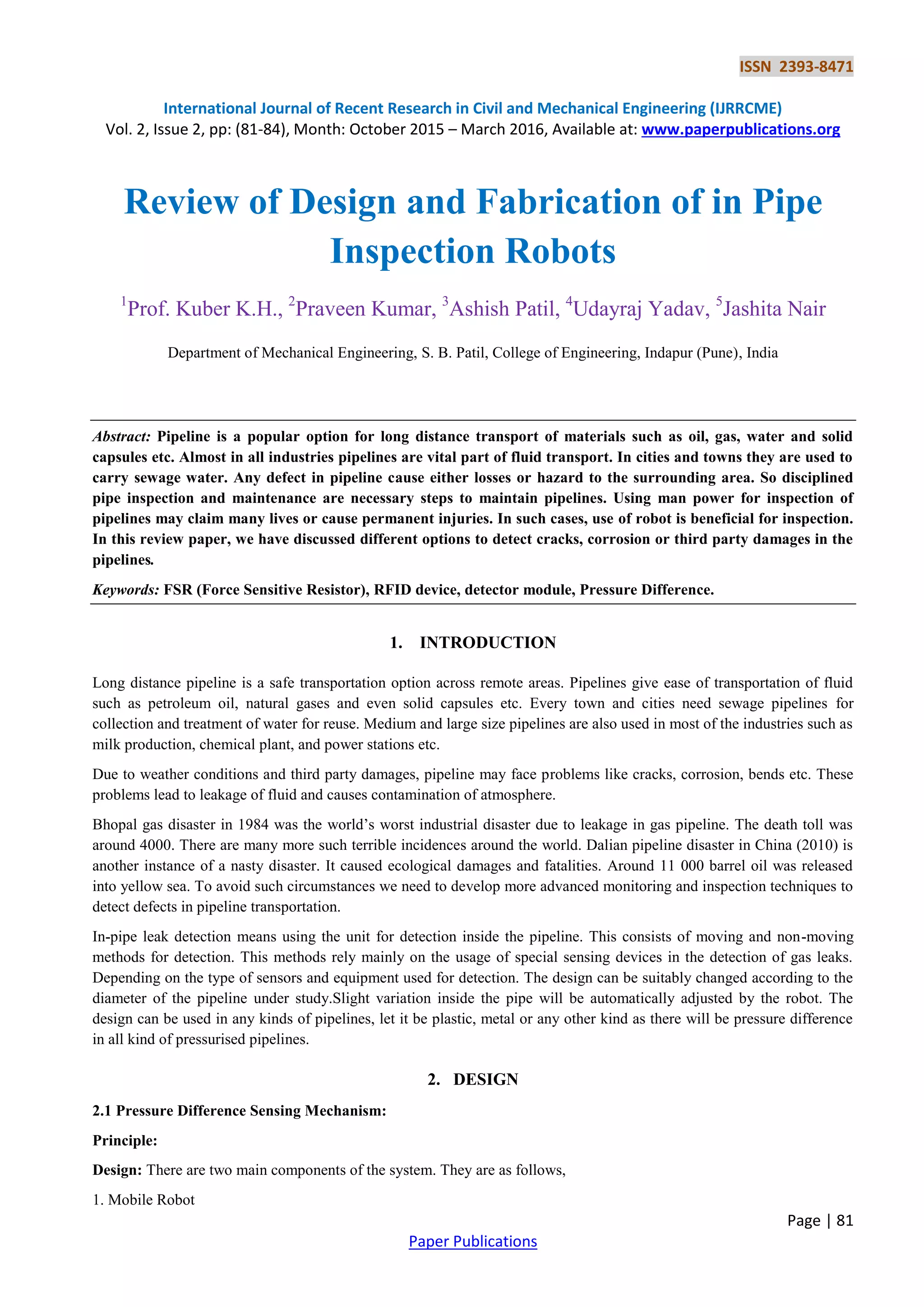 Review of Design and Fabrication of in Pipe Inspection Robots | PDF