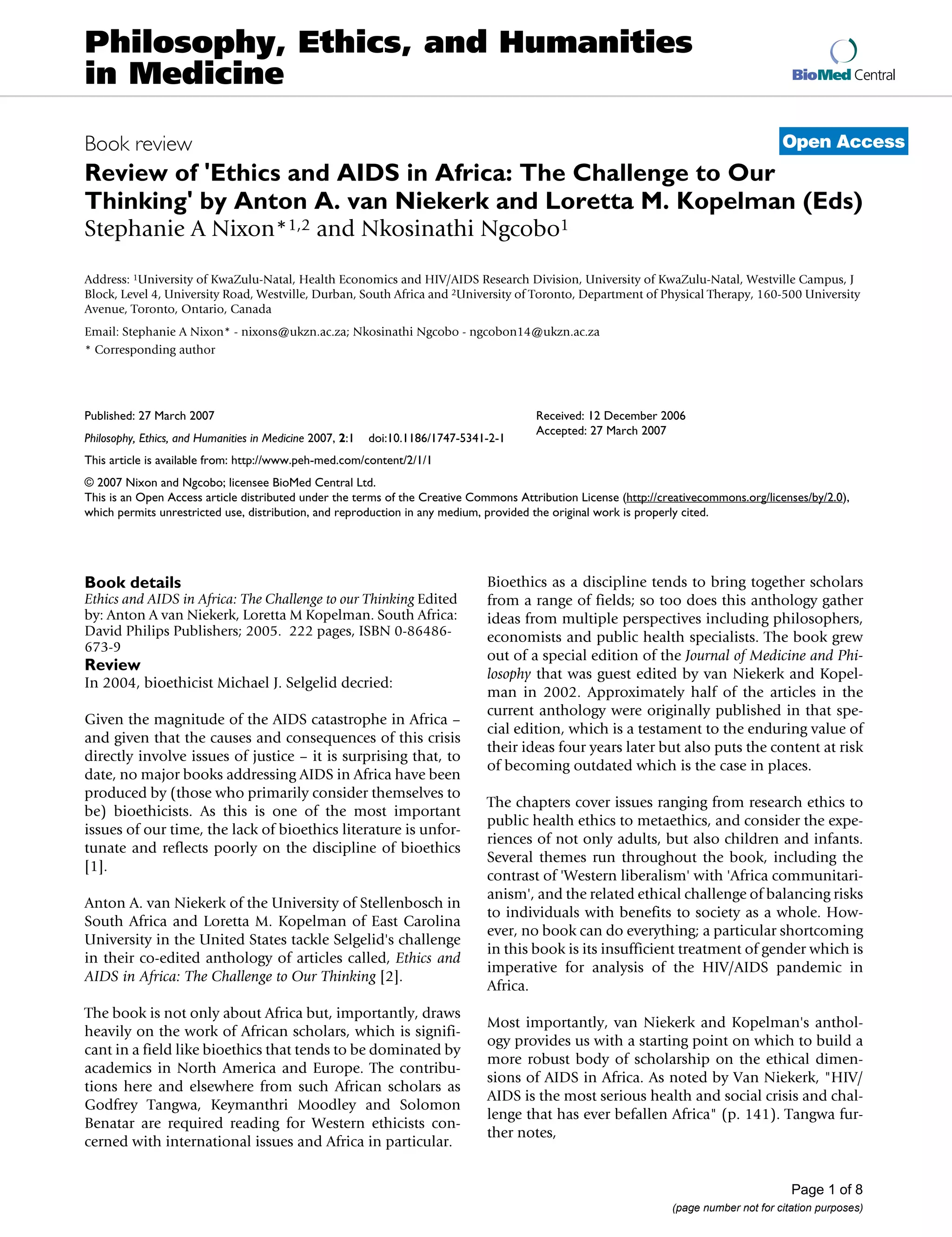 Review of ethics and aids in africa the challenges to our thinking 2007 ...