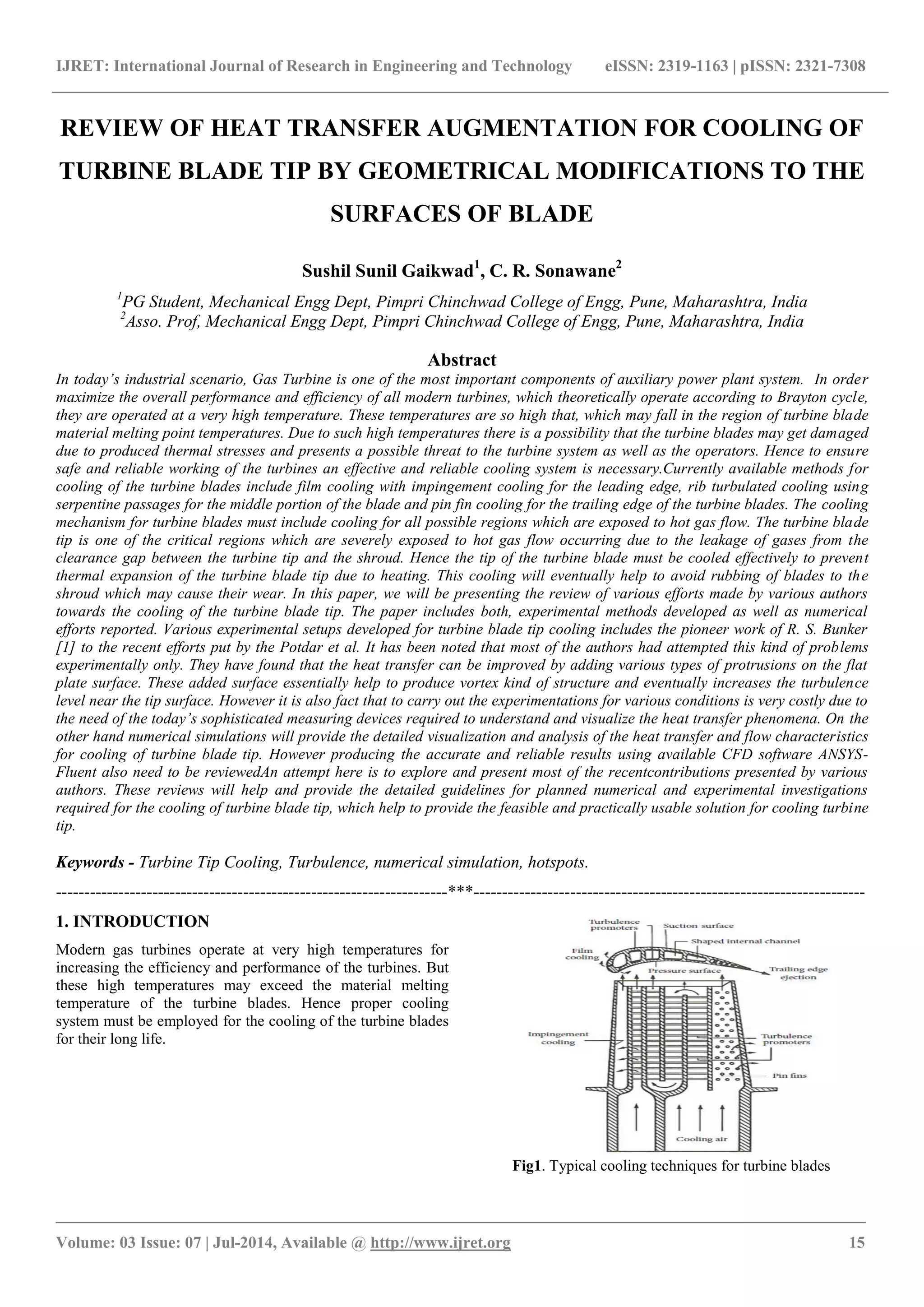 Review of heat transfer augmentation for cooling of turbine blade tip ...