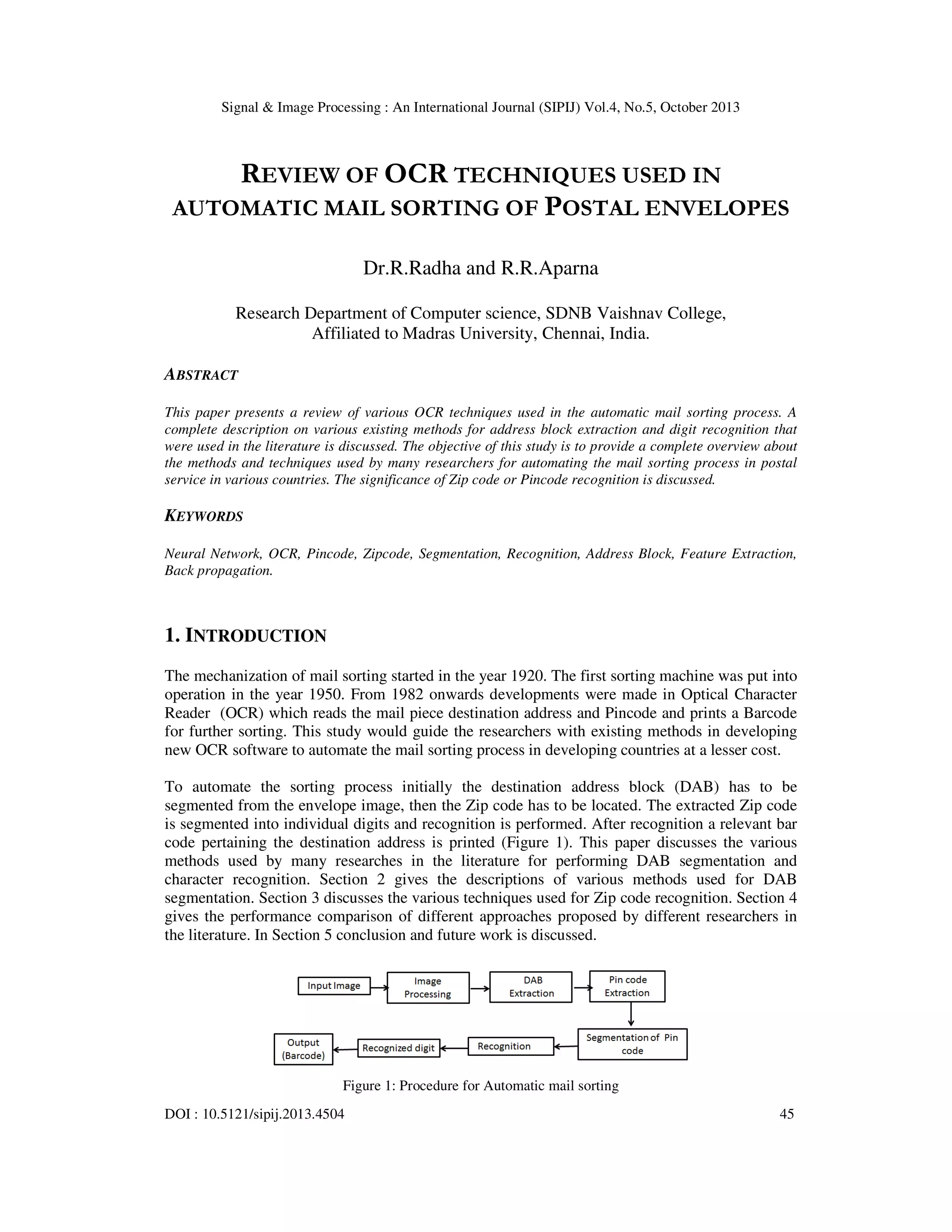 Review of ocr techniques used in automatic mail sorting of postal ...