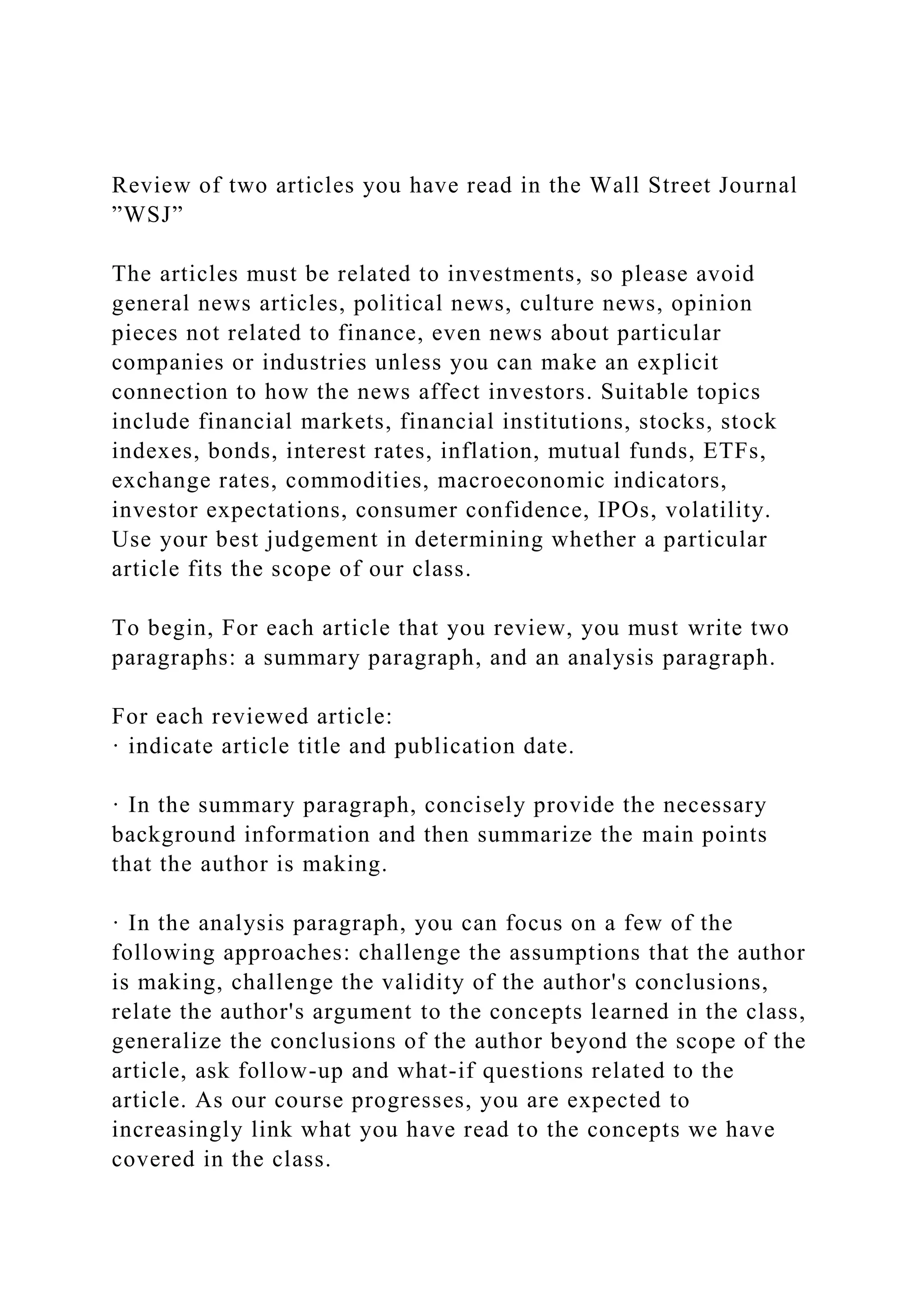Review of two articles you have read in the Wall Street Journal ”W.docx