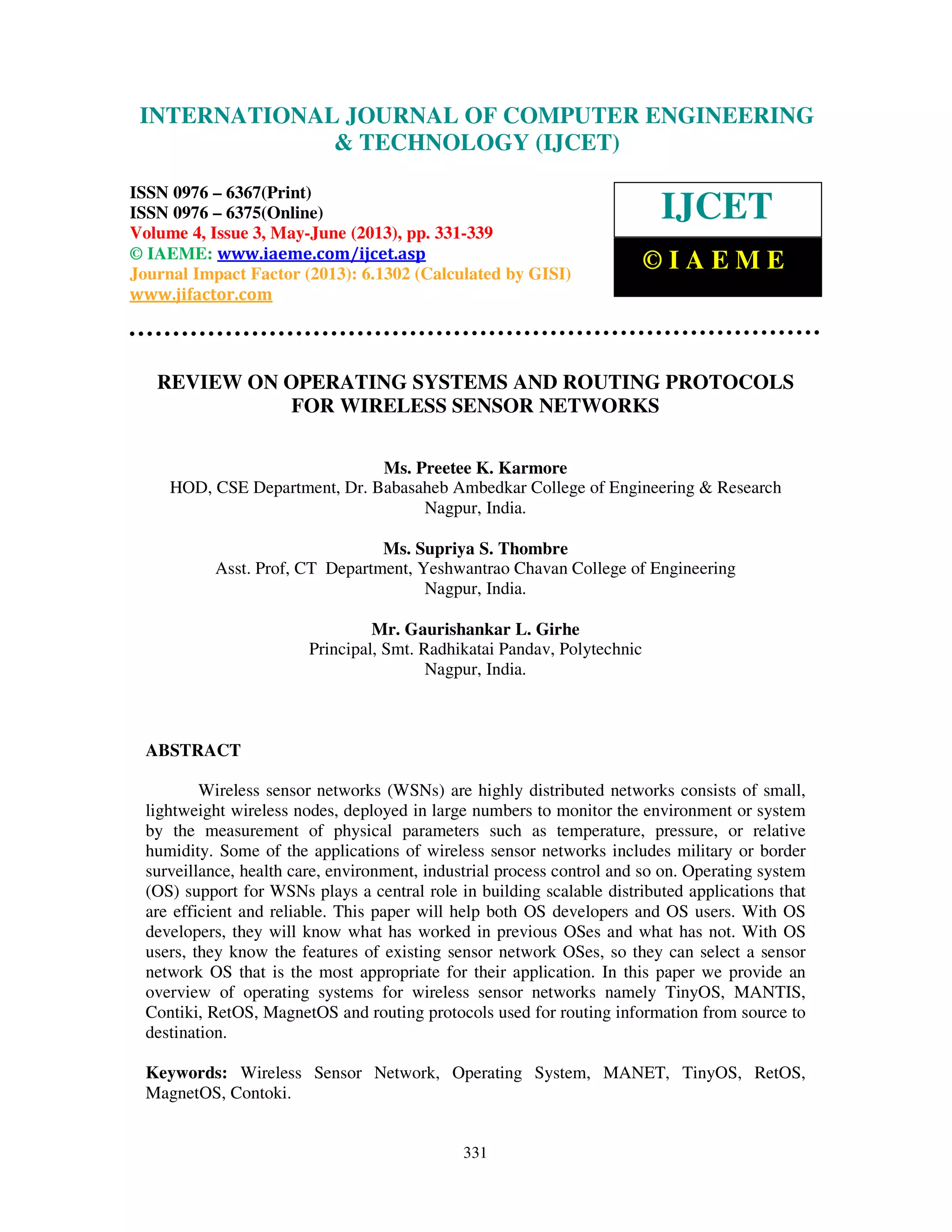 Review On Operating Systems And Routing Protocols For Wireless Sensor Pdf