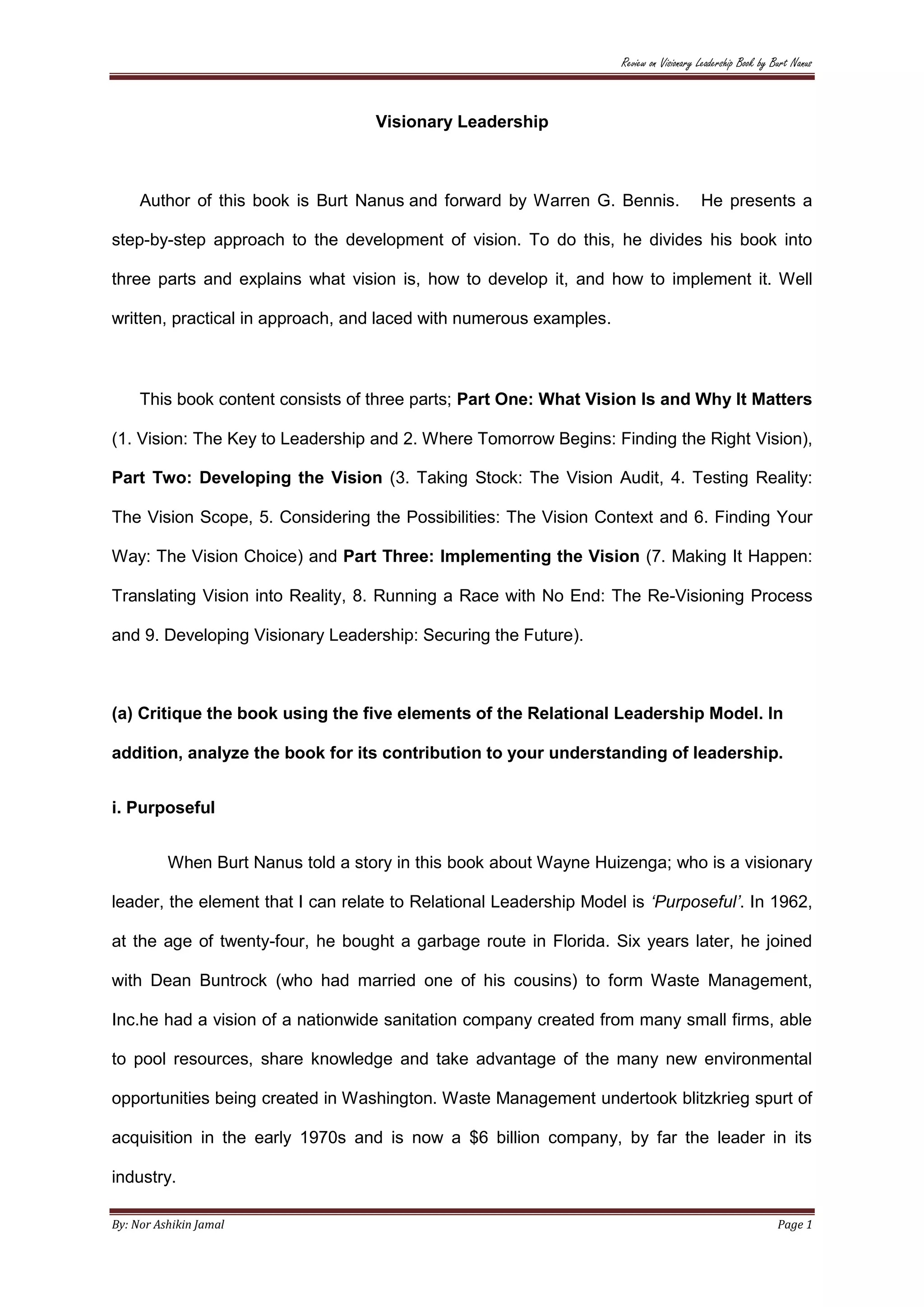 Review on Visionary Leadership Book | DOCX