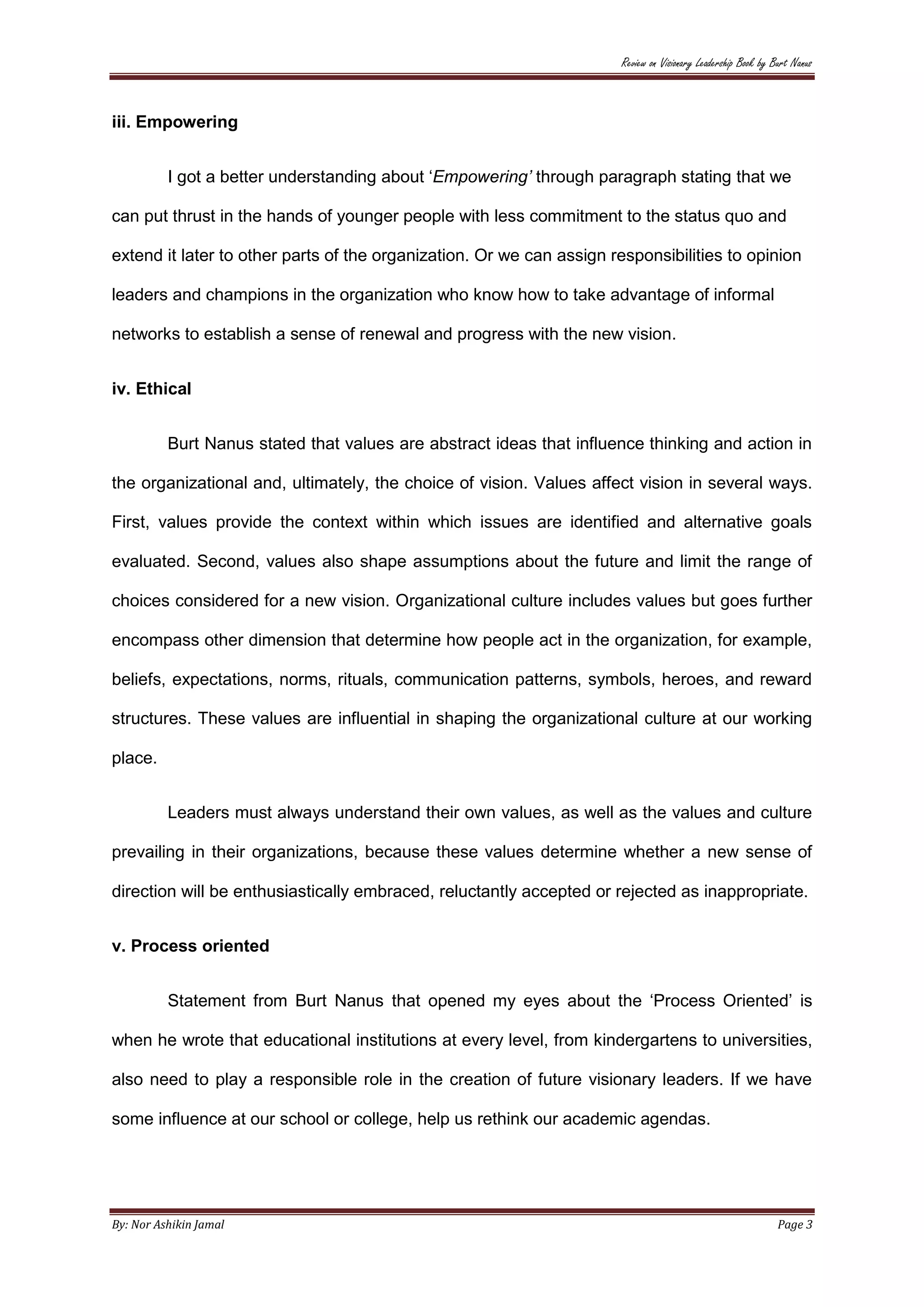 Review on Visionary Leadership Book | DOCX