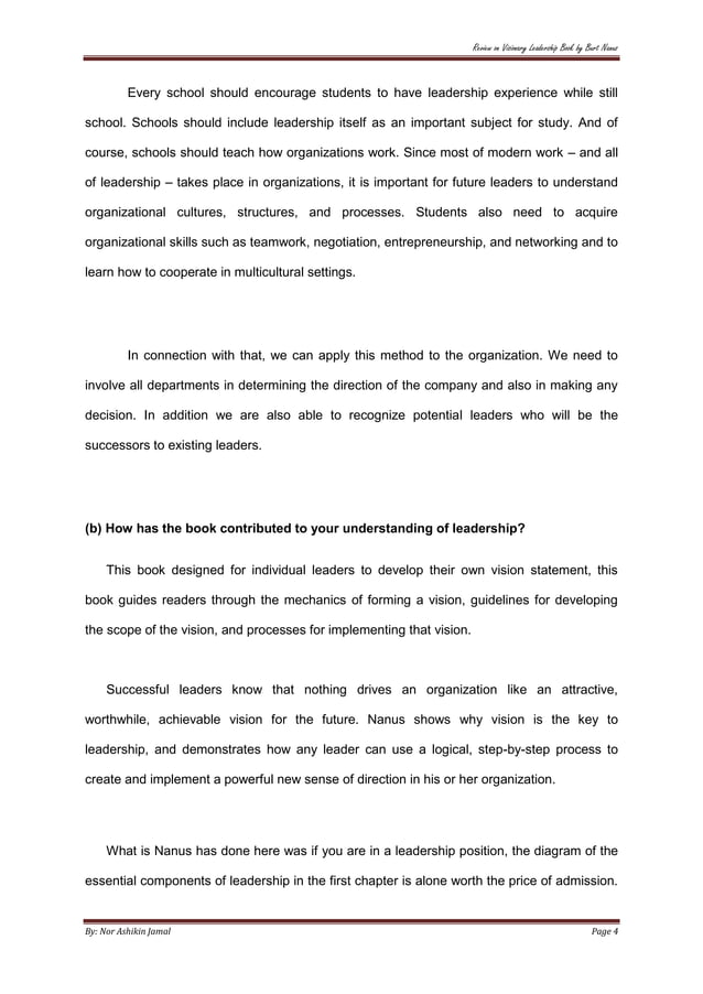 Review on Visionary Leadership Book | DOCX