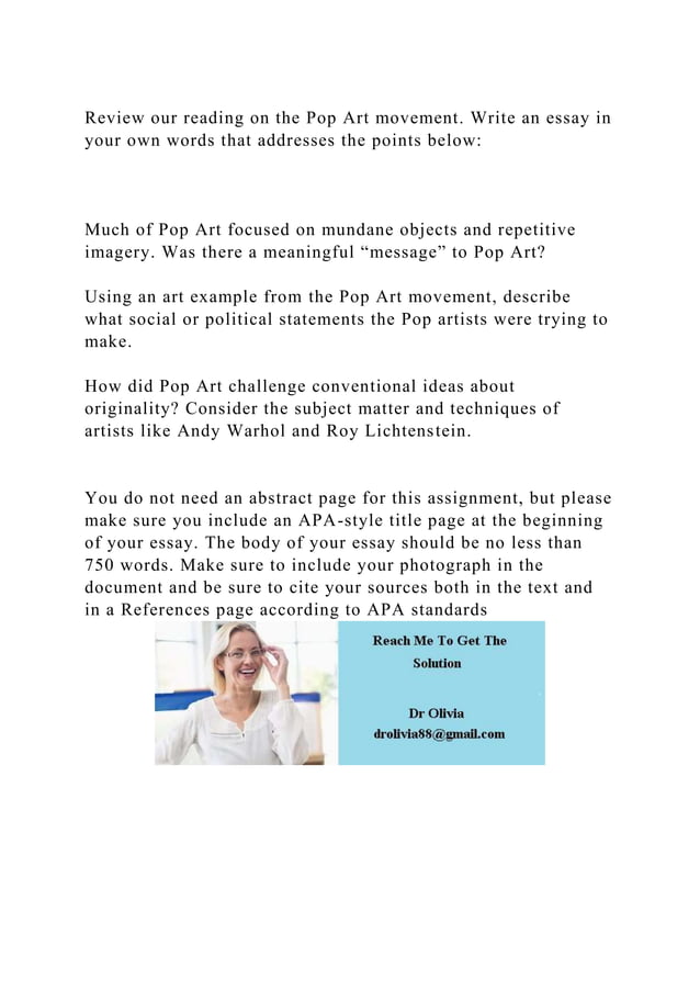 Review our reading on the Pop Art movement. Write an essay in your o.docx