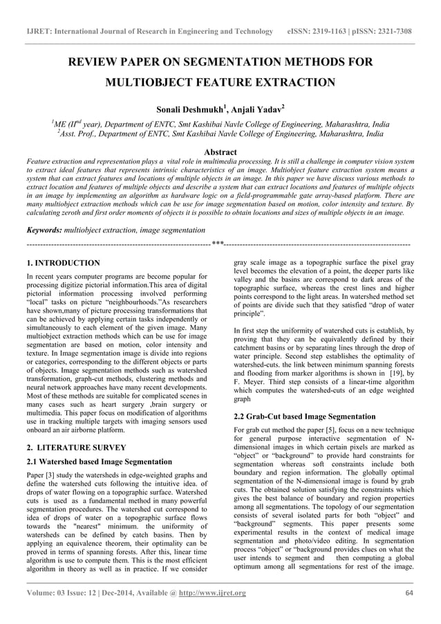 Review Paper On Segmentation Methods For Multiobject Feature Extraction