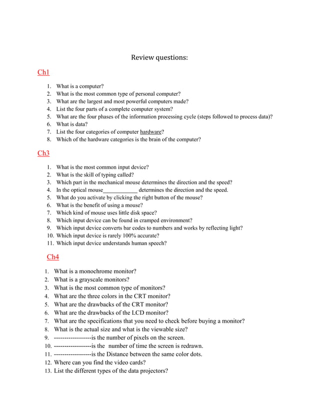 Review questions cs001 | DOCX | Computer Peripherals | Computing