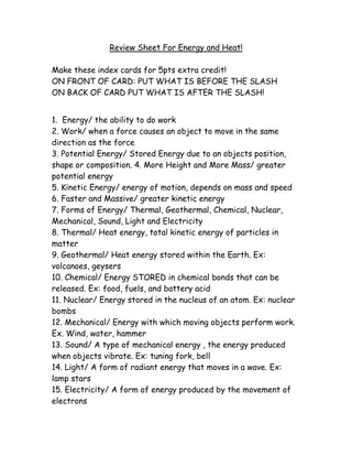 Review sheet for energy and heat | DOCX