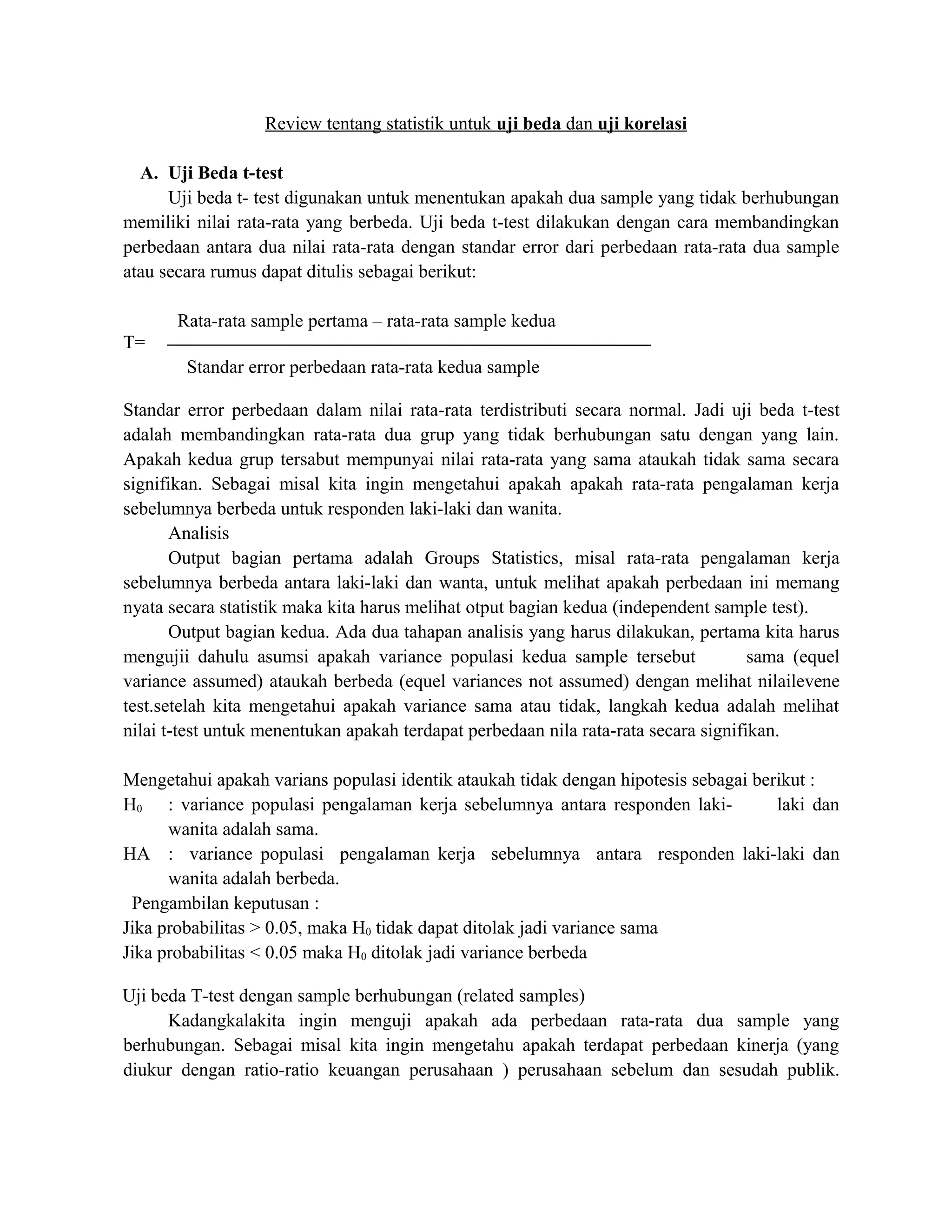 Review tentang statistik untuk uji beda dan uji korelasi | DOC Review tentang statistik untuk uji beda dan uji korelasi | DOC