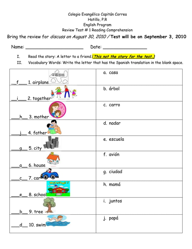 Review test # 1 reading comprehension a letter to a friend 2nd grade ...