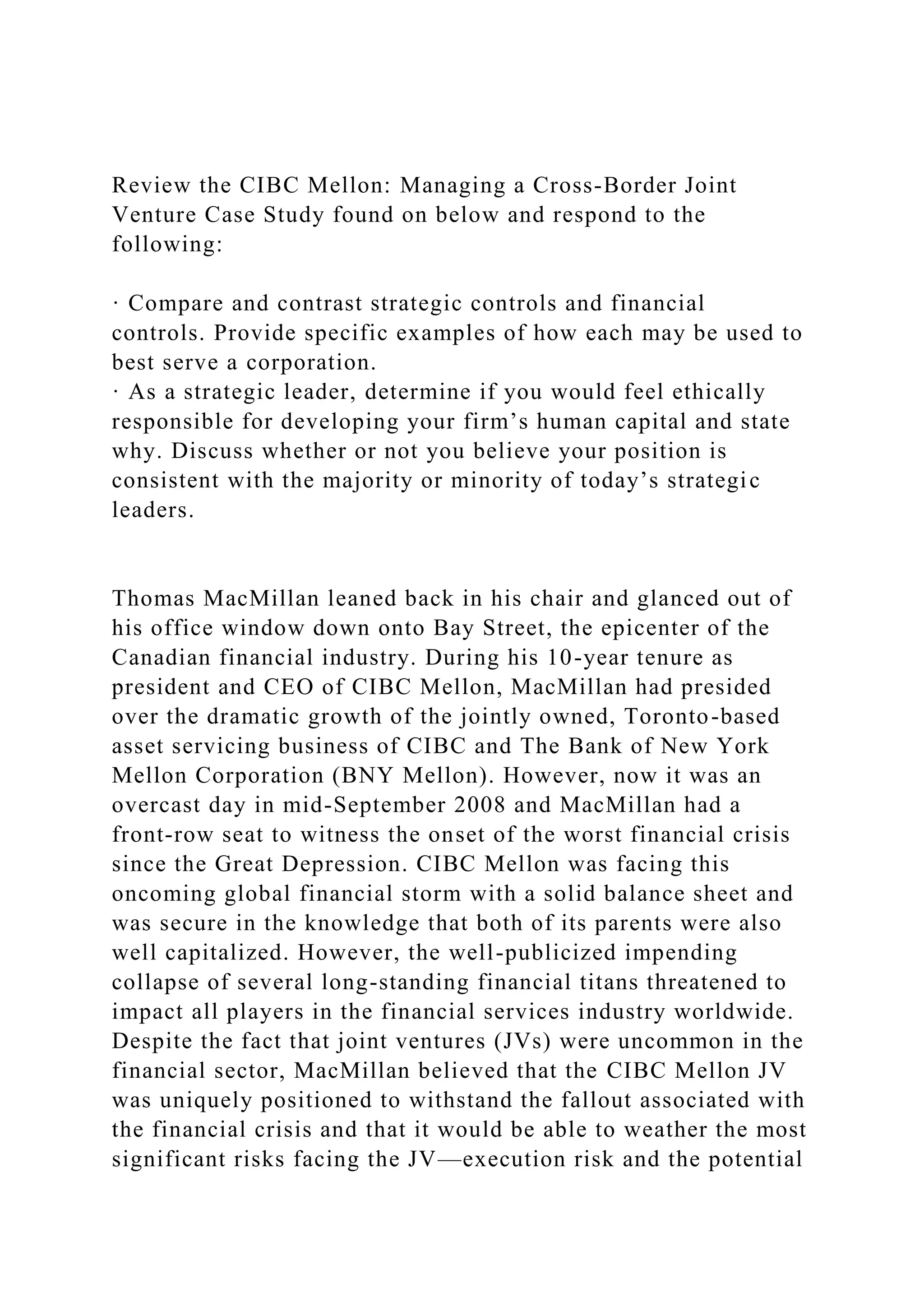 Review the CIBC Mellon Managing a Cross-Border Joint Venture Case.docx