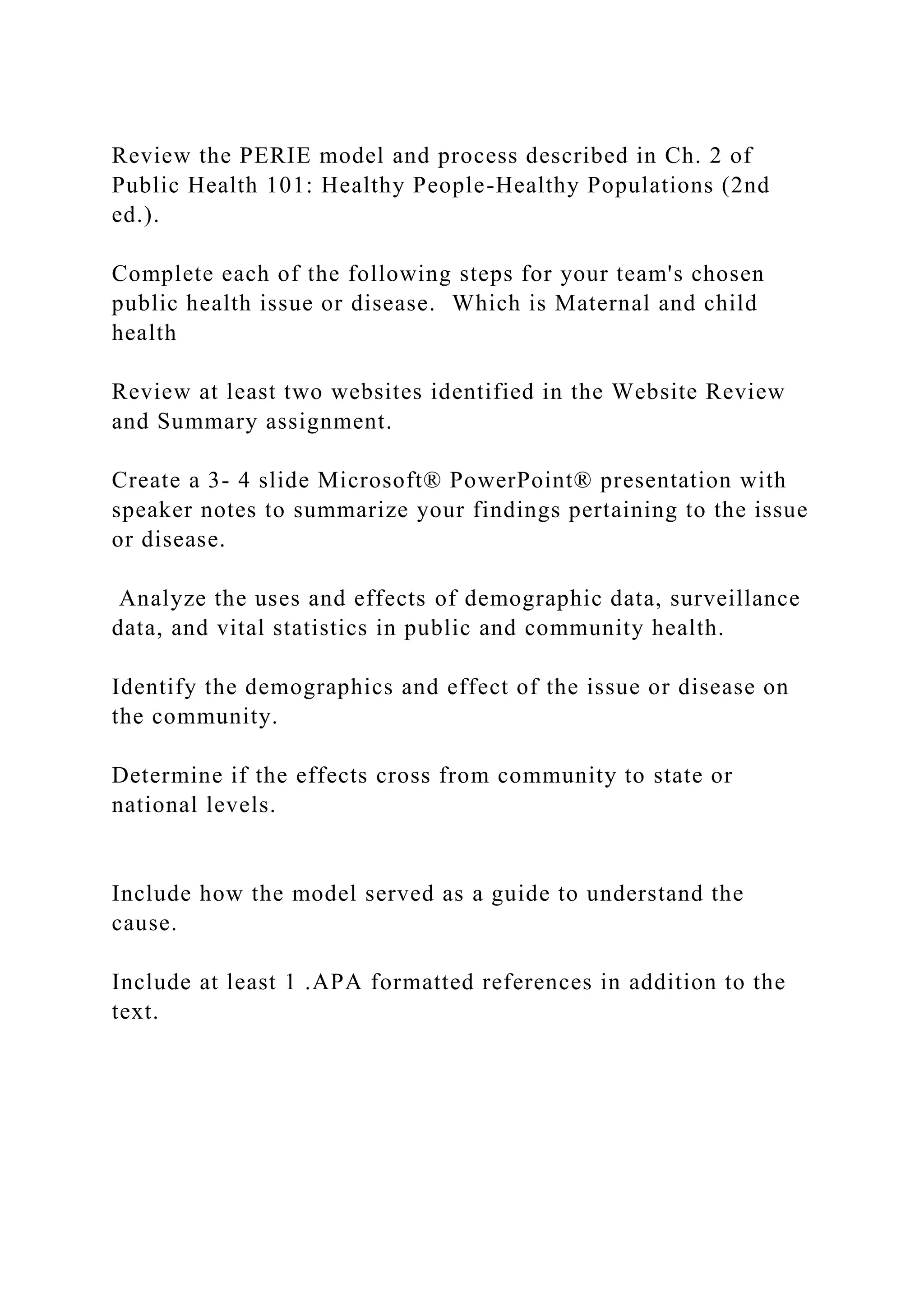 Review the PERIE model and process described in Ch. 2 of Public Heal.docx