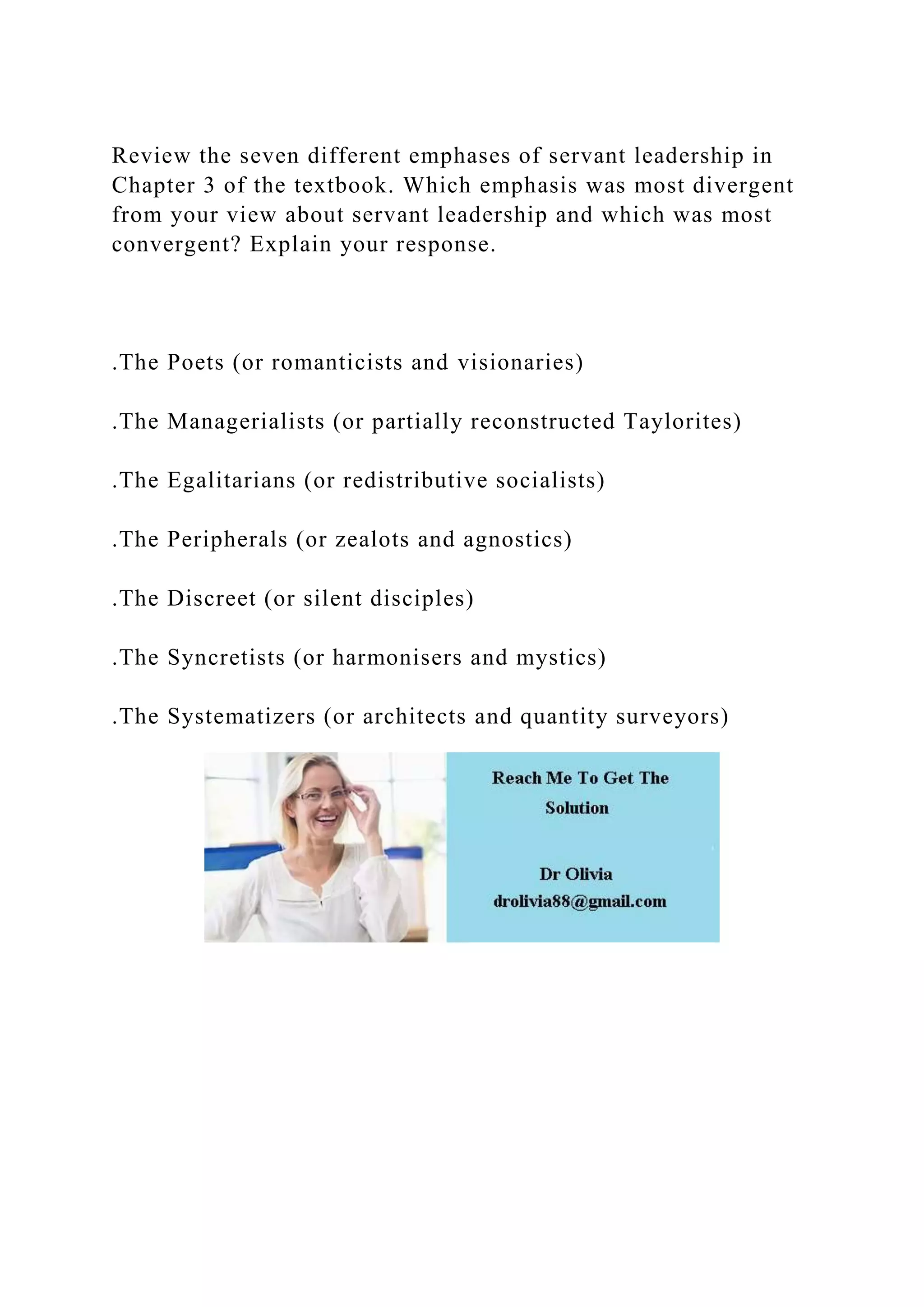 Review the seven different emphases of servant leadership in Chapter.docx