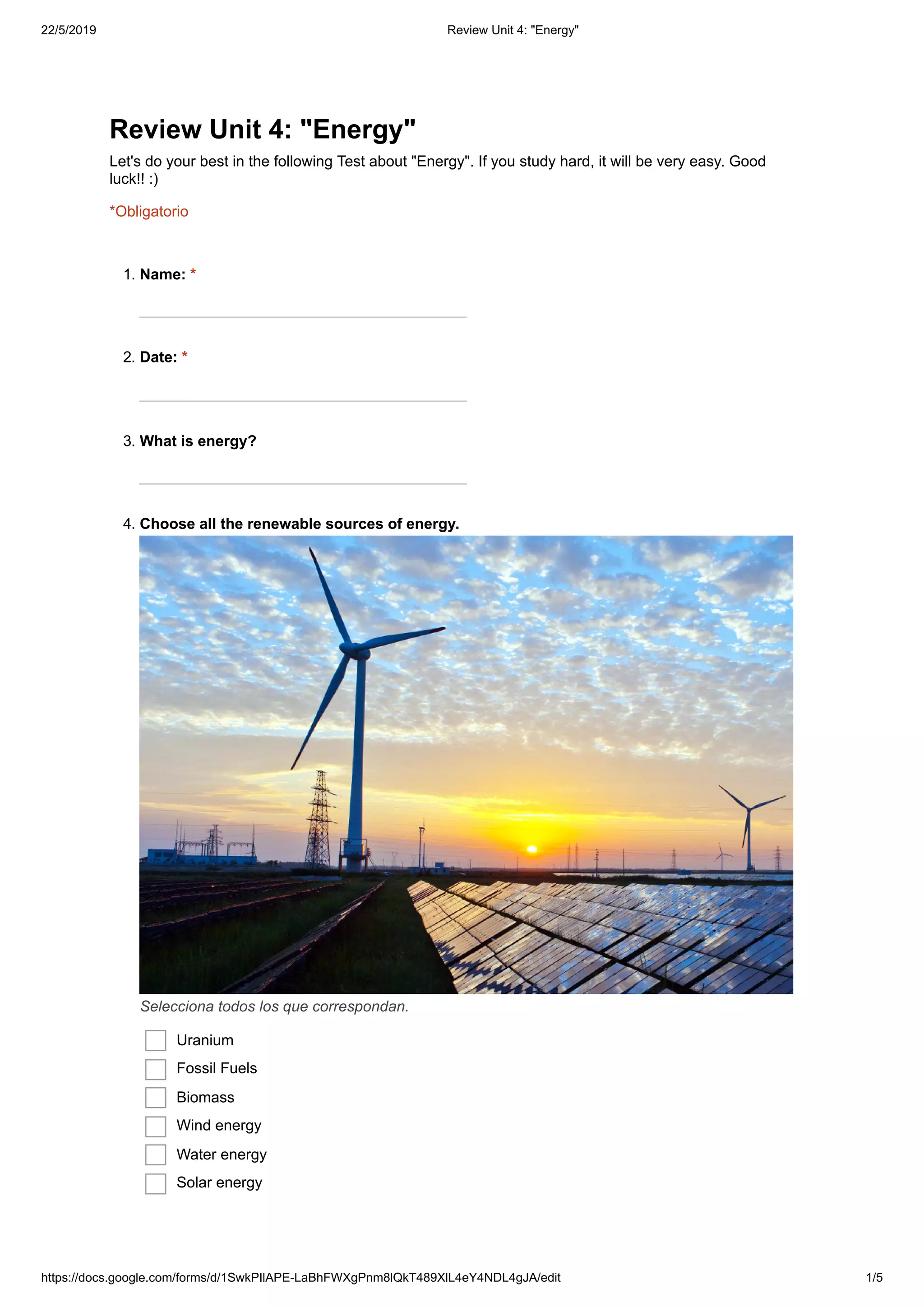 Review unit 4: Energy | PDF