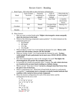 Review unit 6 key | DOC | Chemistry | Science