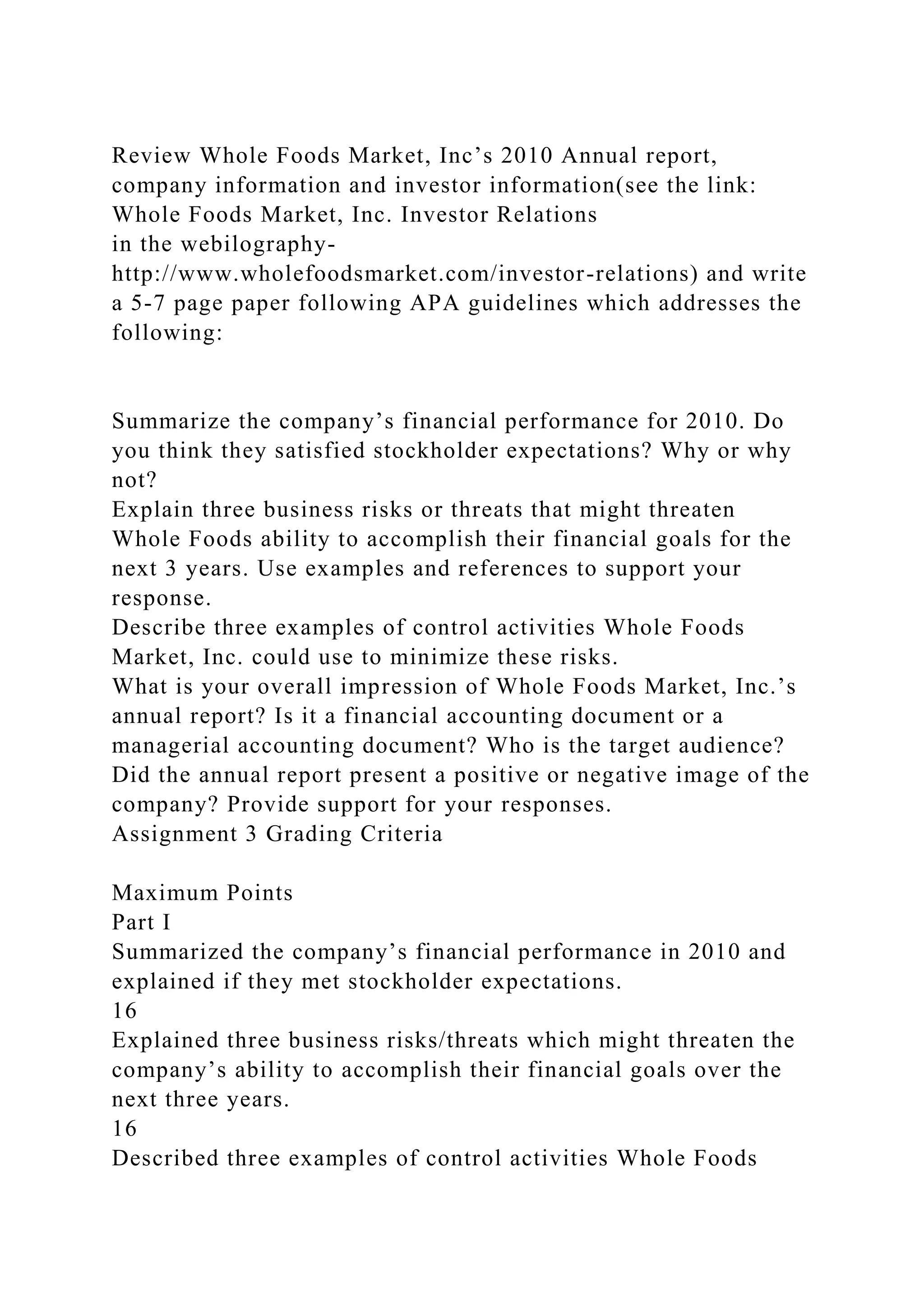 Review Whole Foods Market, Inc’s 2010 Annual report, company informa.docx
