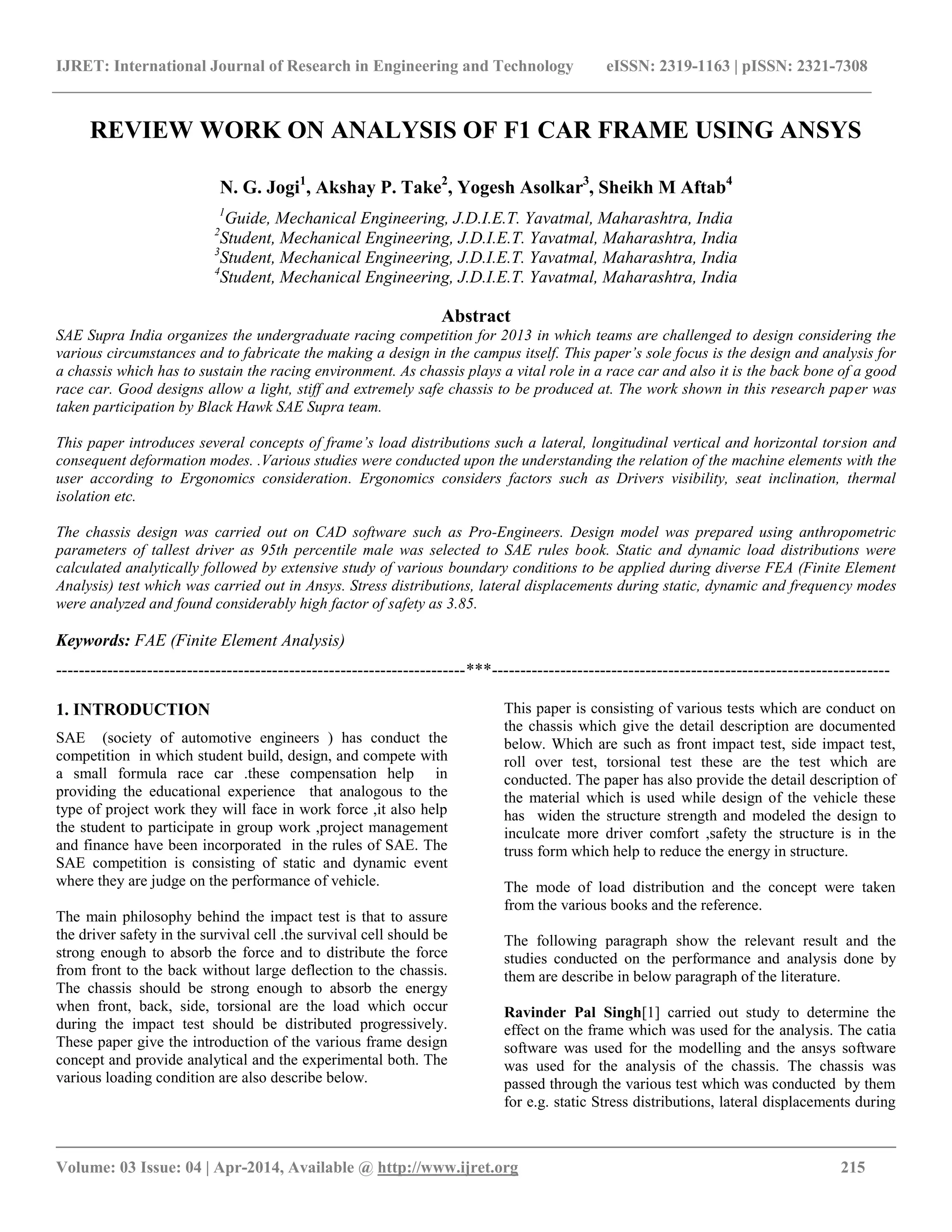 Review work on analysis of f1 car frame using ansys | PDF