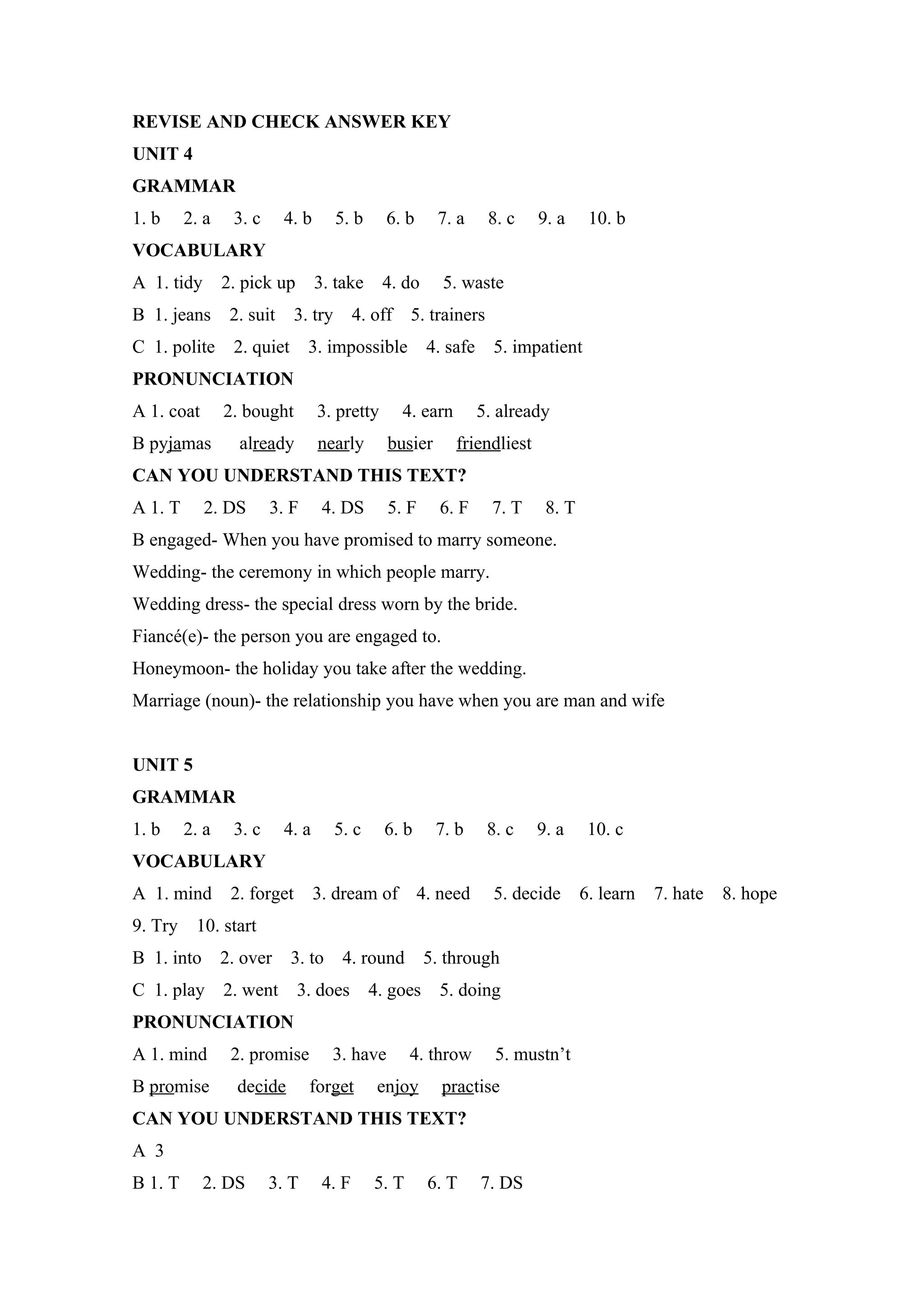 Revise and check answer key units 4 7 | DOC