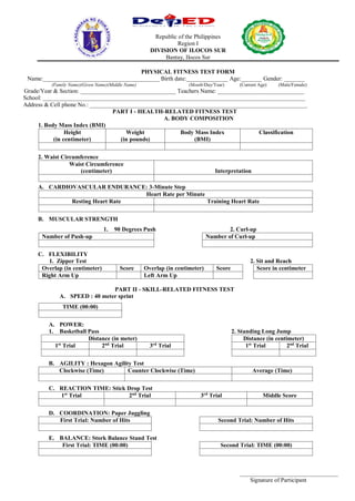 Philippine physical fitness test record sheet