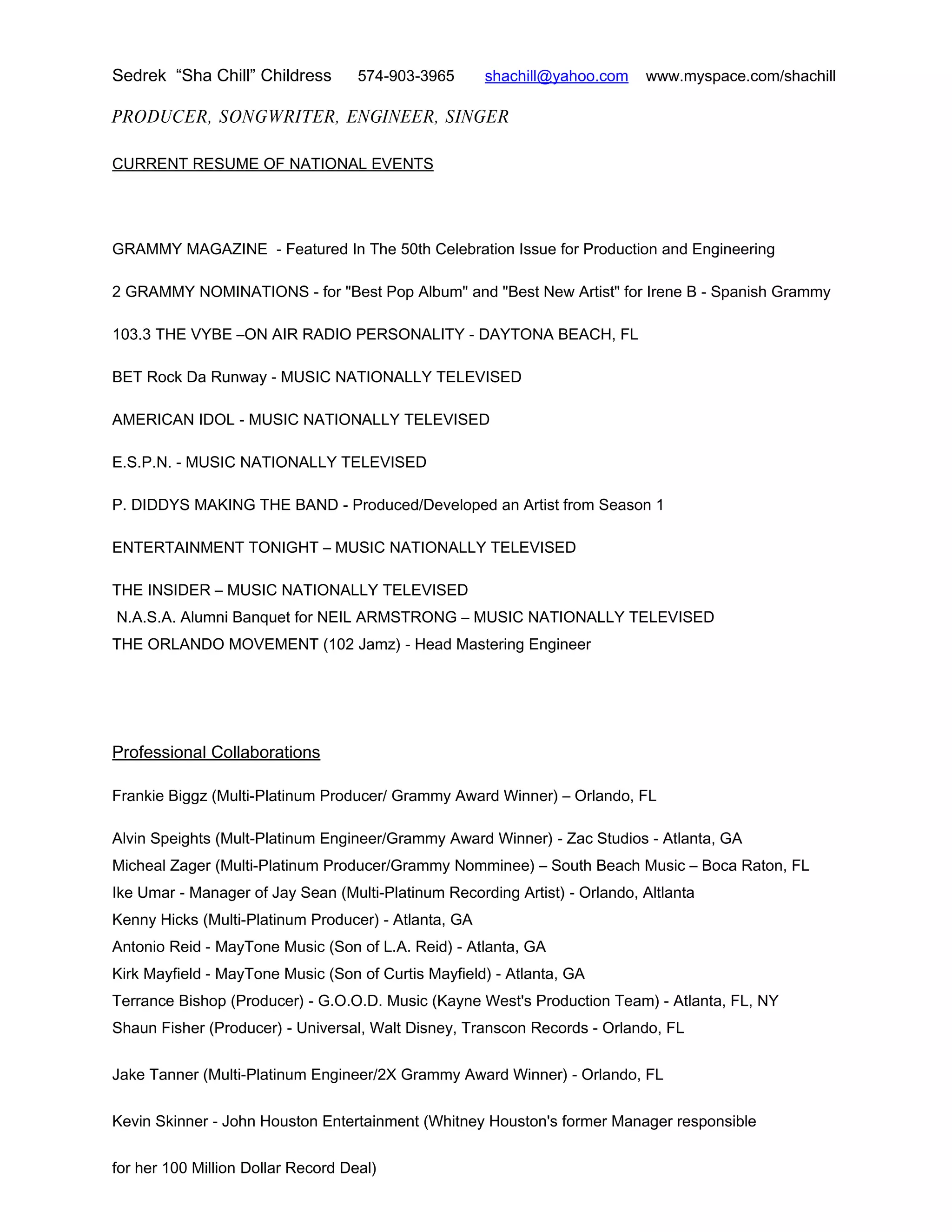 Production/Songwriting/Engineering Resume | DOC