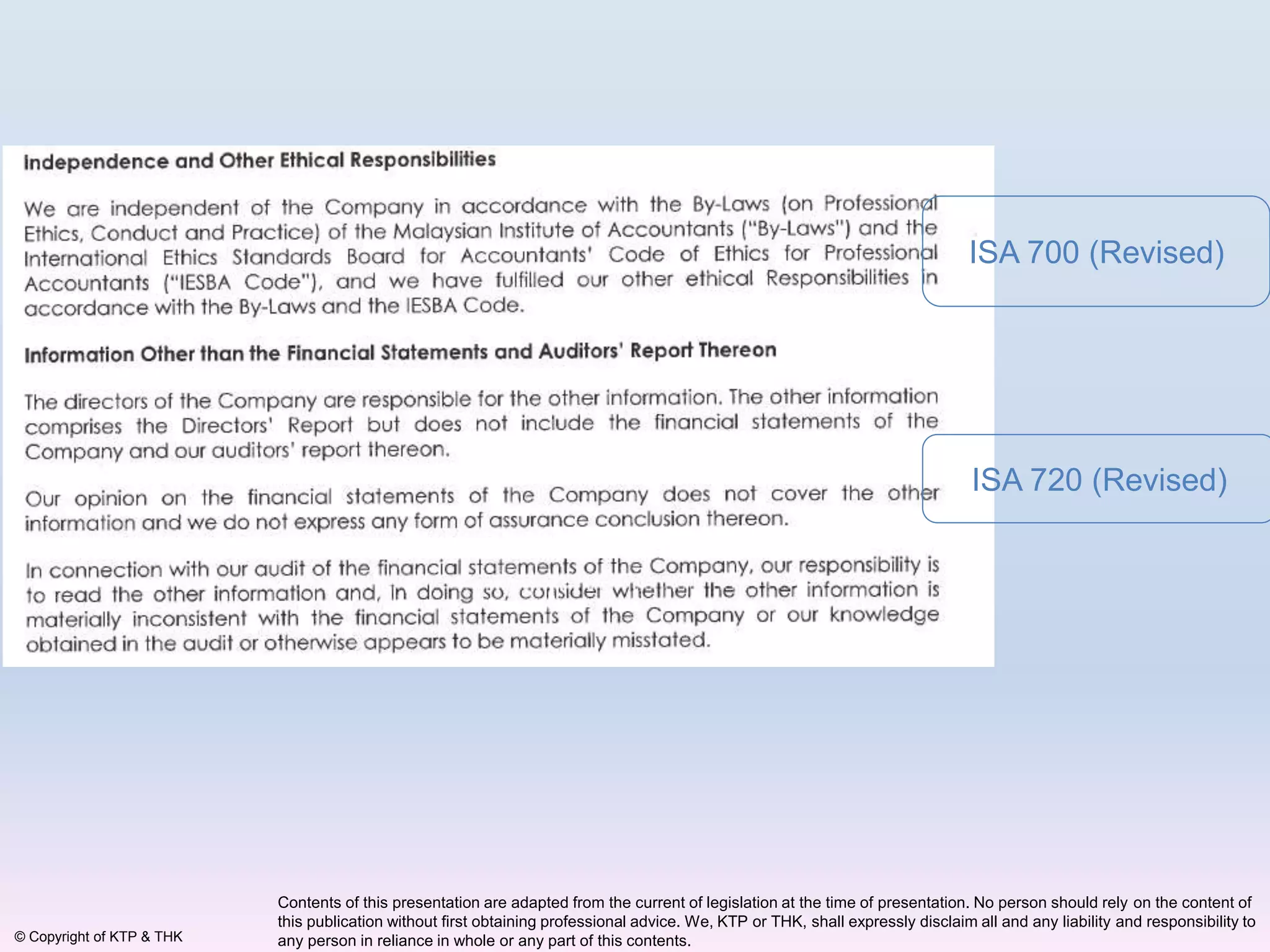 Revised Auditor Report: ISA 700, ISA 705, ISA 706 and ISA 720 | PPTX