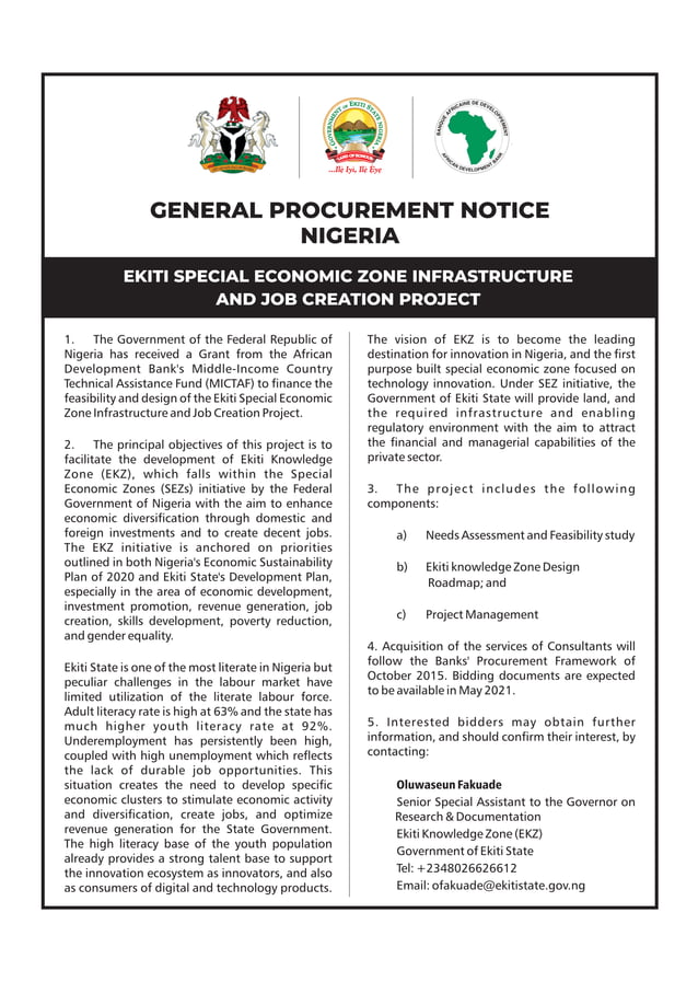 Ekiti Special Economic Zone Infrastructure And Job Creation Project Pdf