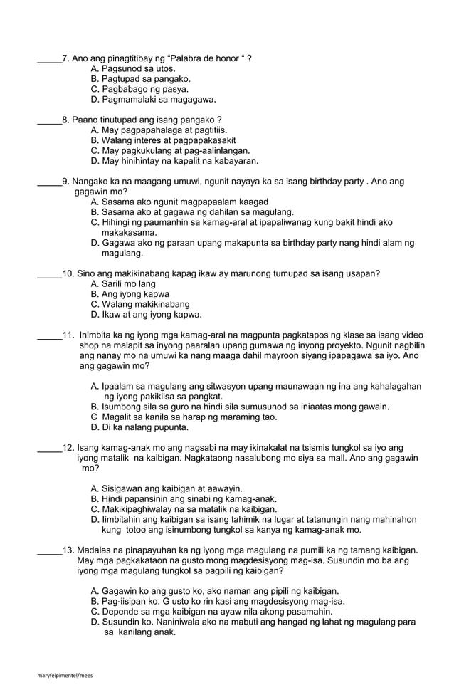 revised Ikalawang Markahang Pagsusulit sa ESp 6 2017 with TOS .docx