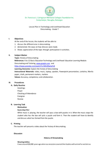 Semi Detailed lesson plan in TL.E. History of Dressmaking | PDF